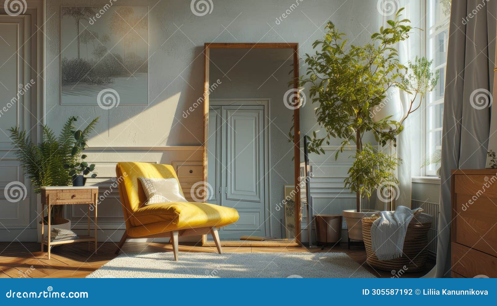 A Beautiful Room Interior Adorned with a Leaning Floor Mirror ...