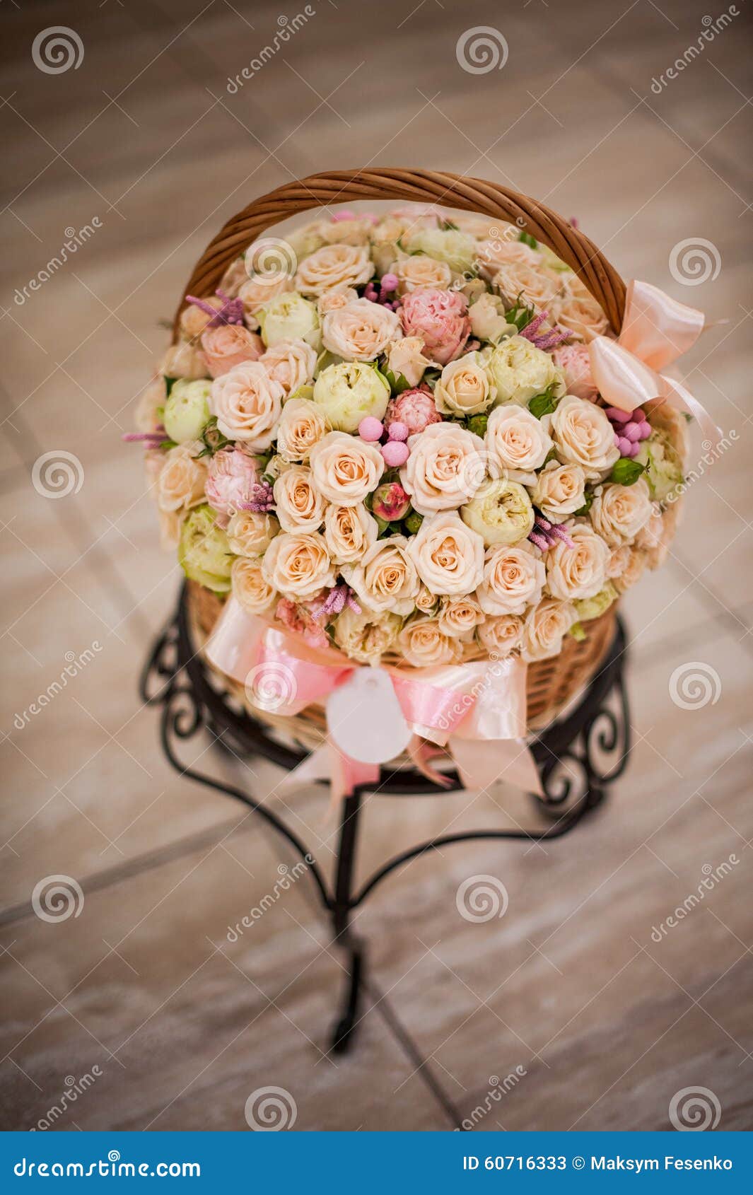Beautiful Roses in Basket on a Table Stock Image - Image of boards ...
