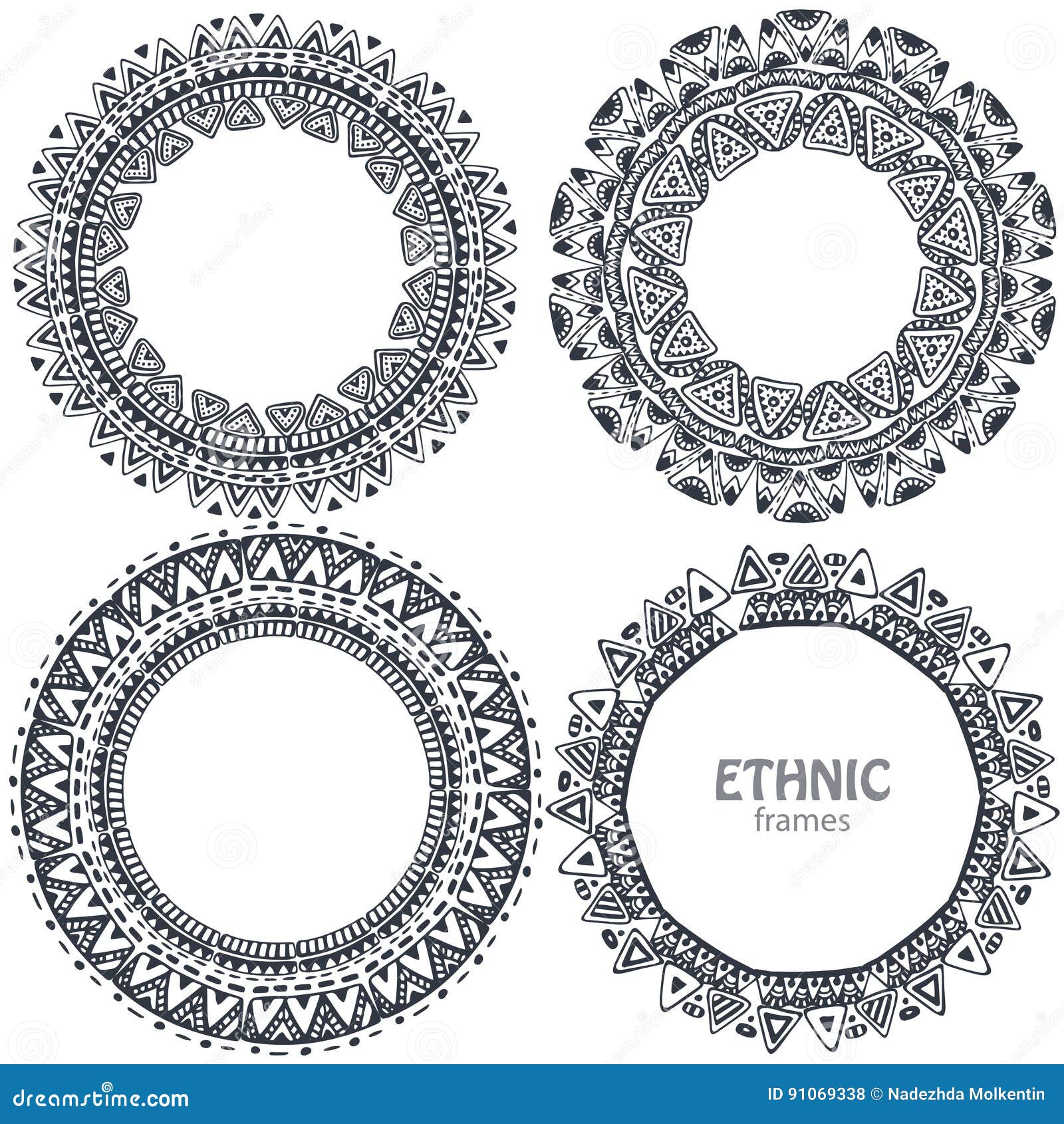 Beautiful Round Frames Set with Hand Drawn Ethnic Elements. Stock ...