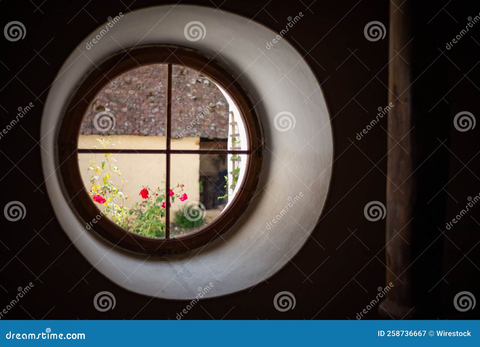 Beautiful Round Window Overlooking a Garden Stock Image - Image of ...