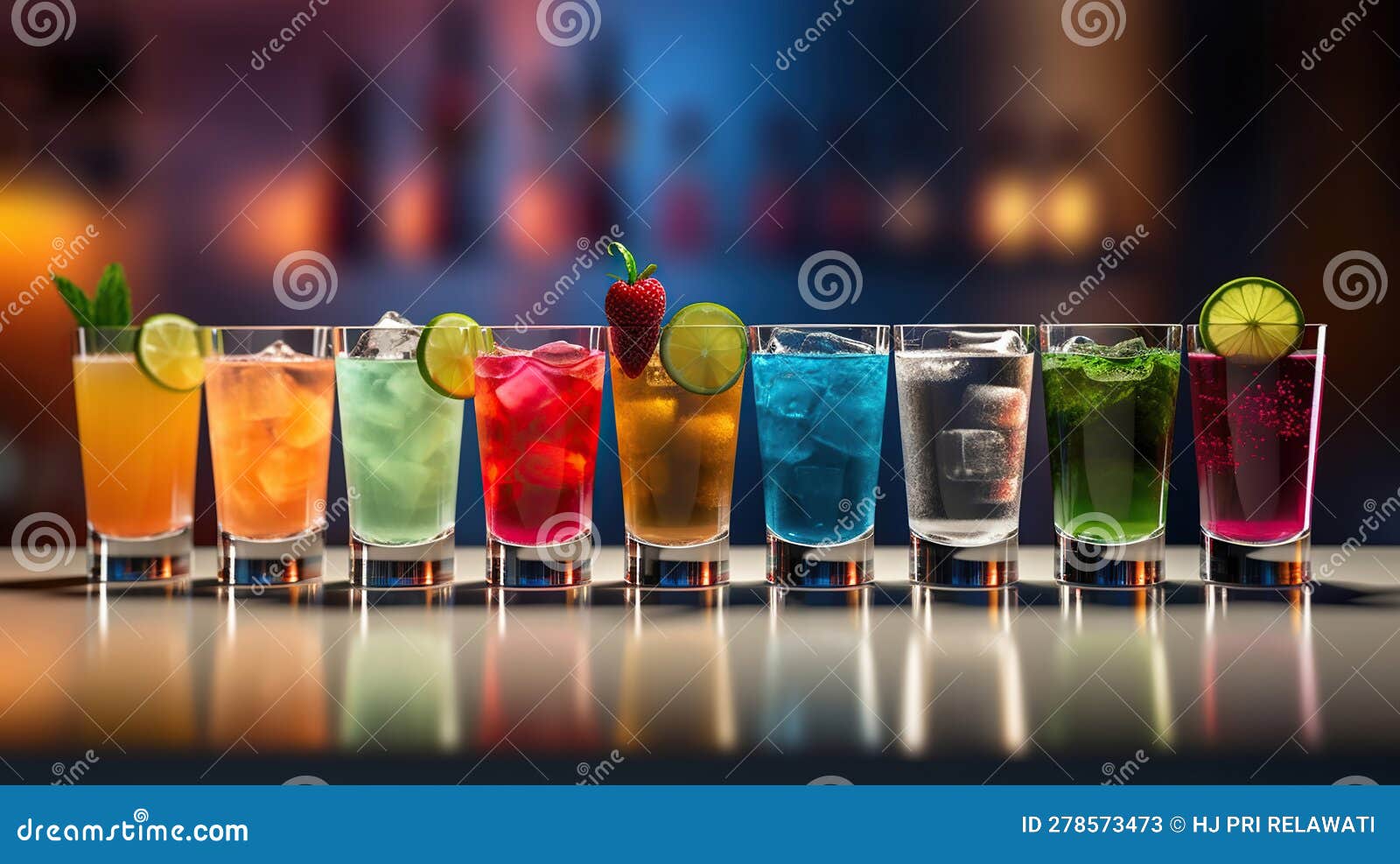 Beautiful Row Line of Different Colored Alcohol Cocktails with Mint on ...