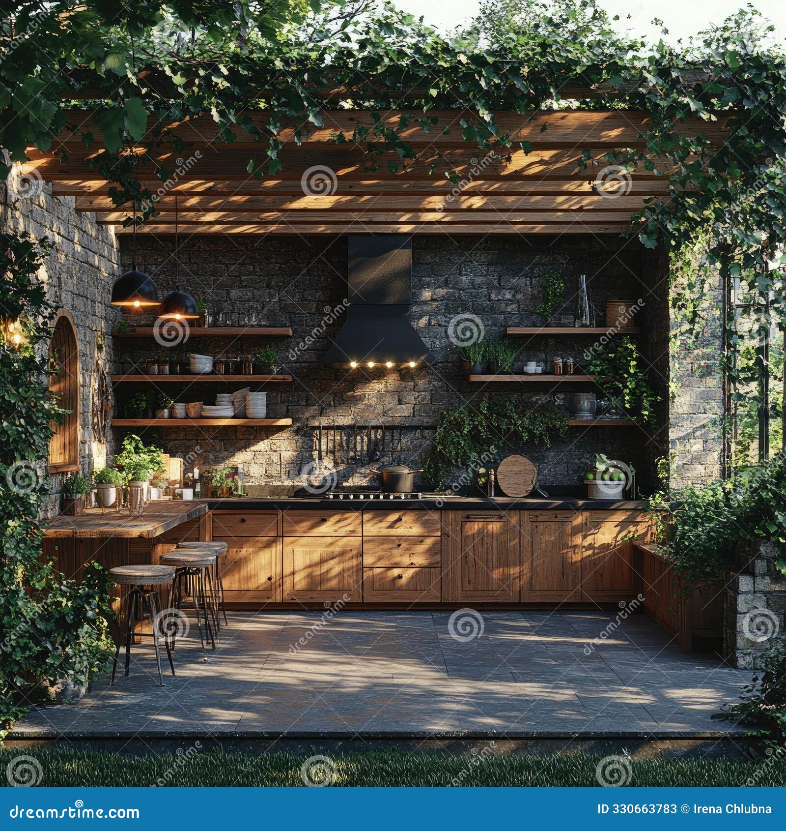 Beautiful Rustic Outdoor Kitchen Stock Illustration - Illustration of ...