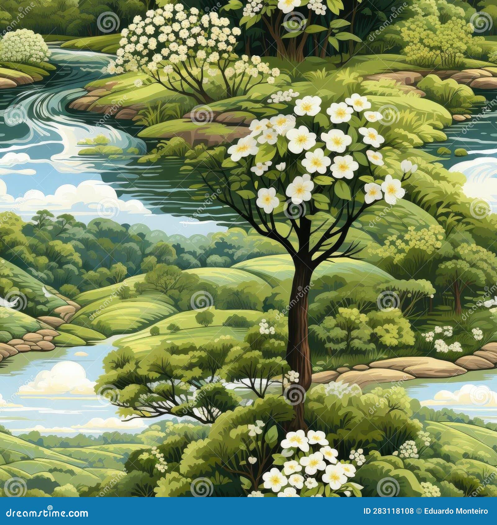 Beautiful Scene with White Flowers, Trees, and a River (tiled) Stock ...