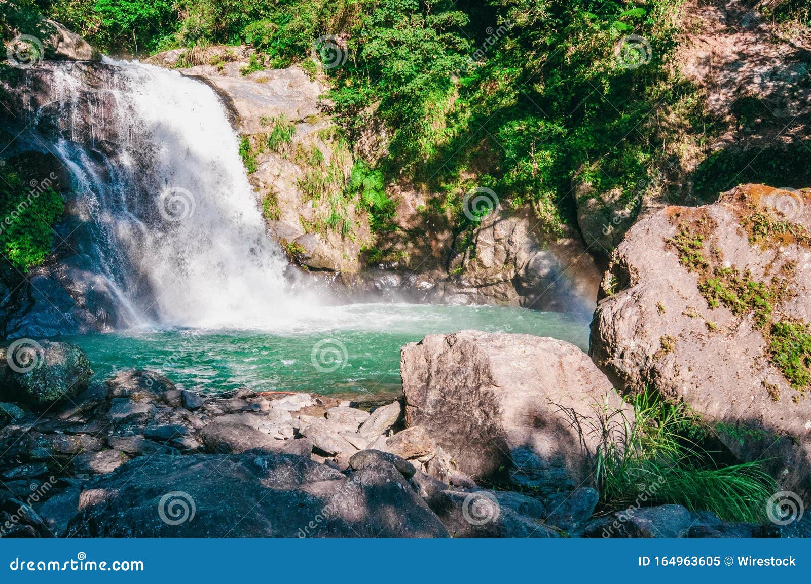 Beautiful Scenery of a Powerful Waterfall in a Forest Near Rock ...