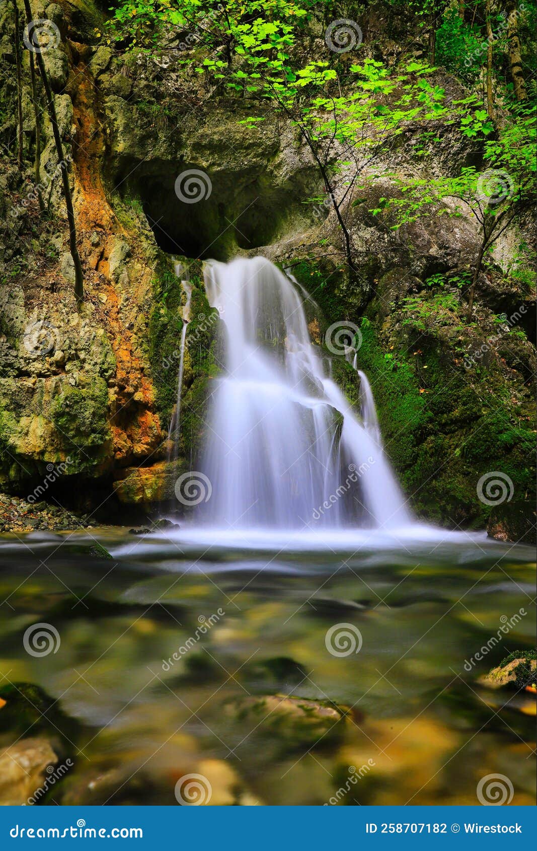 Beautiful Scenery of Waterfall Flowing Downstream in a Forest Stock ...