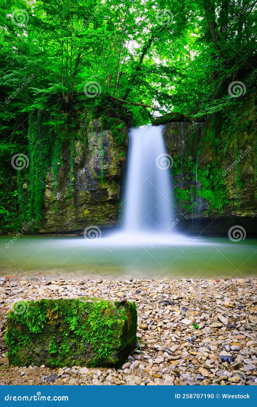 Beautiful Scenery of a Waterfall Flowing Downstream in a Forest Stock ...