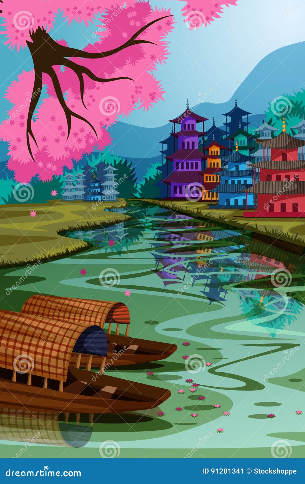 Scenic Landscape With Mountains, Forest And Lake With Camping Tents ...