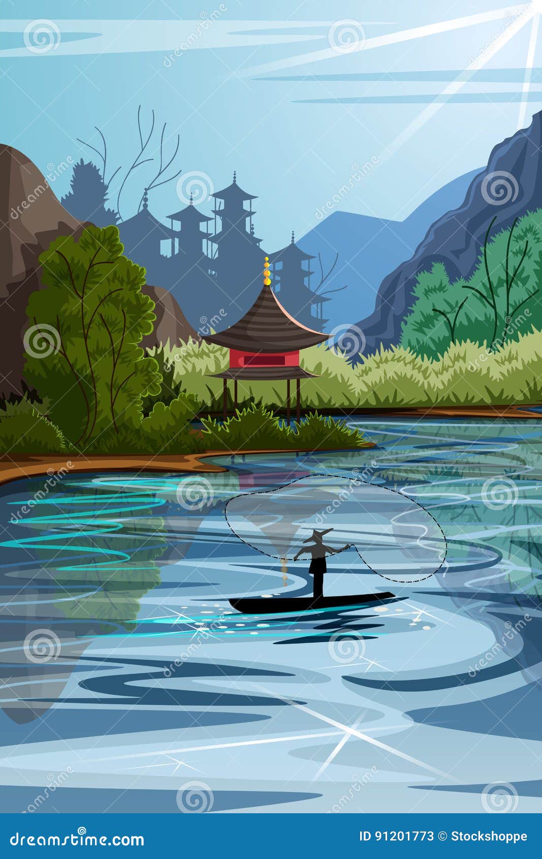 Scenic Landscape With Mountains, Forest And Lake With Camping Tents ...