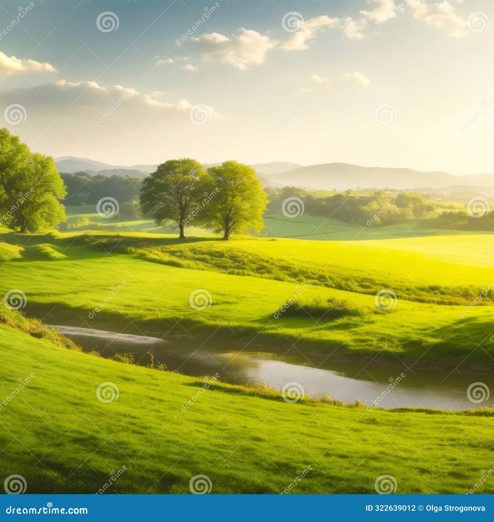 Beautiful Scenic Nature View with Green Fields Illuminated by Sunlight ...