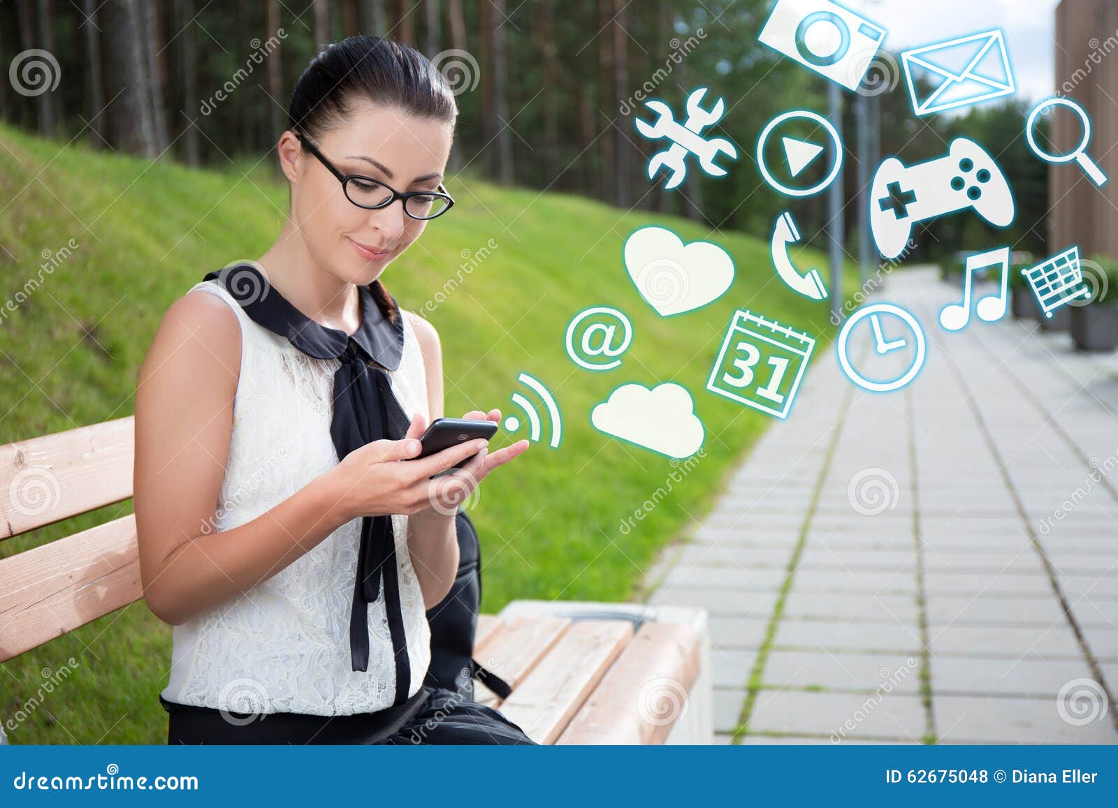 Beautiful School Girl or Student Using Smart Phone with Different ...