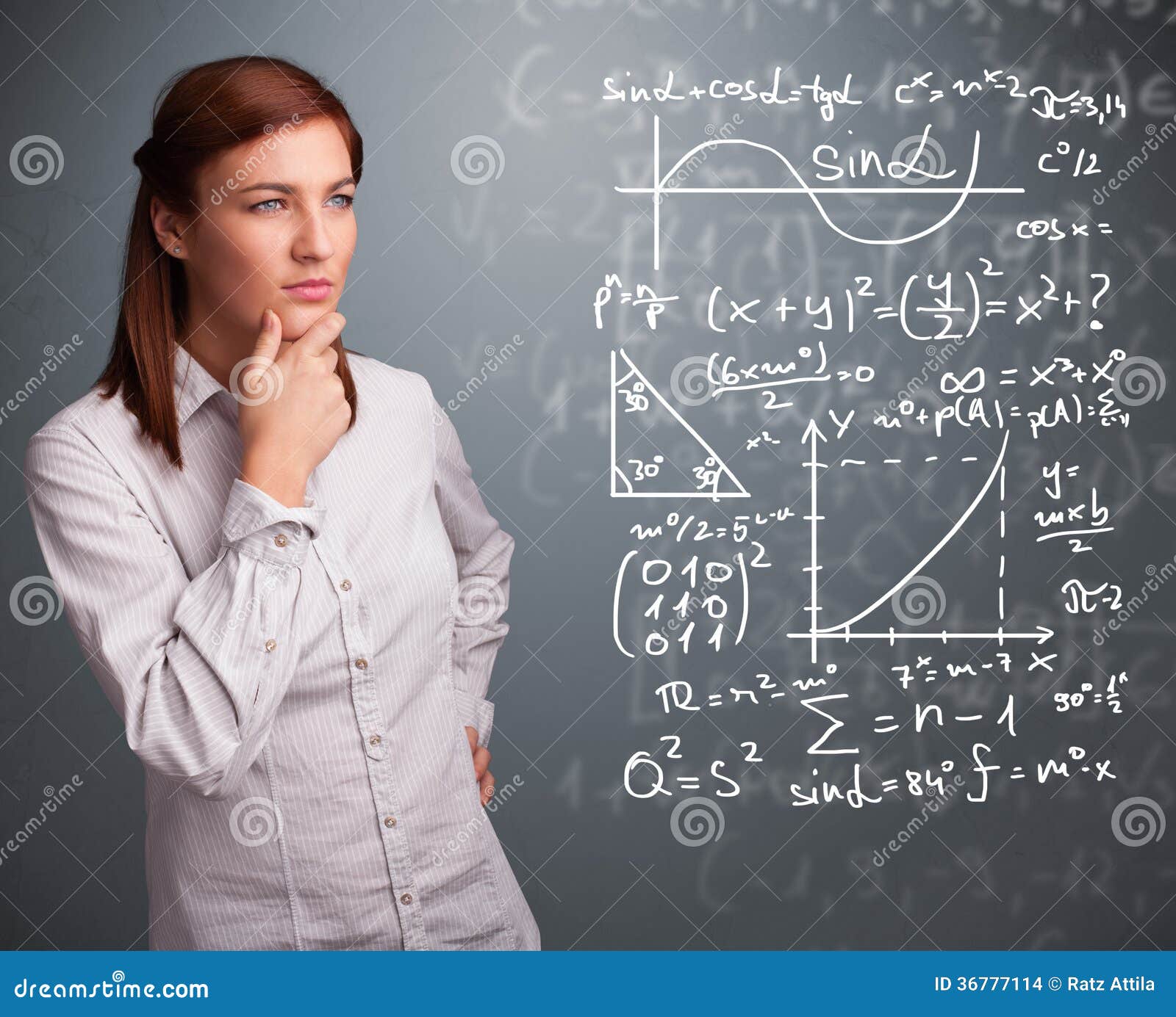 Beautiful School Girl Thinking about Complex Mathematical Signs Stock ...