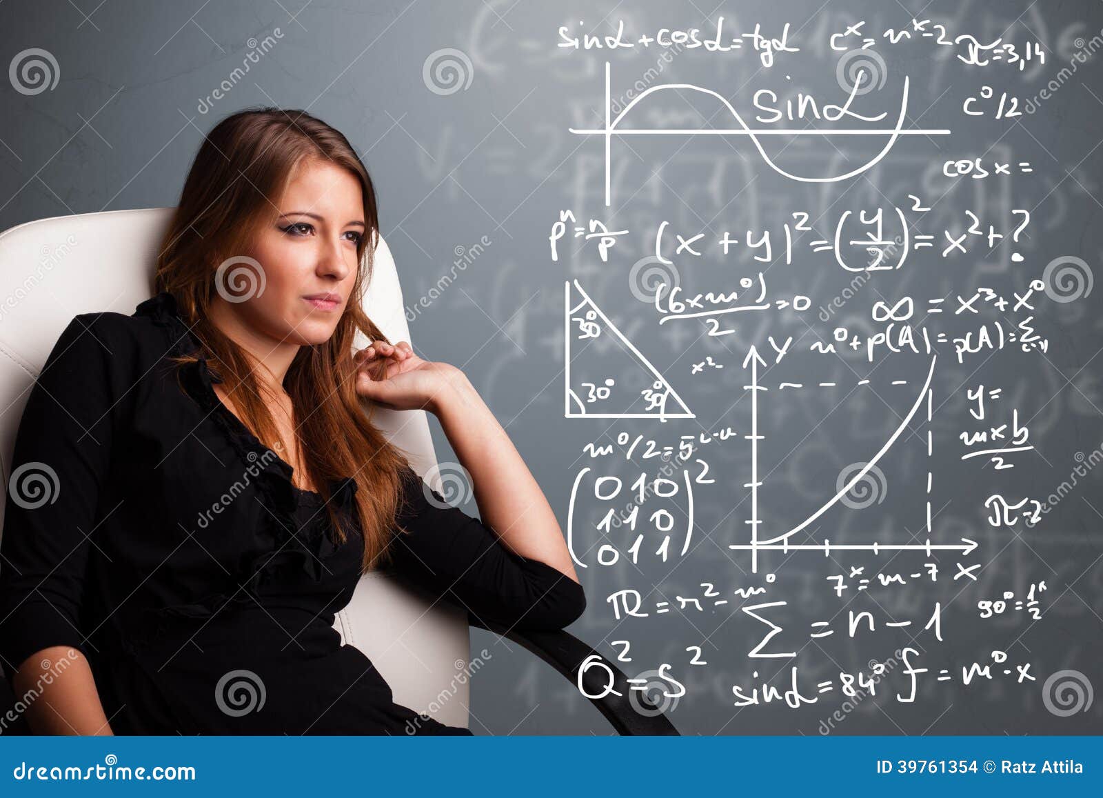 Beautiful School Girl Thinking about Complex Mathematical Signs Stock ...