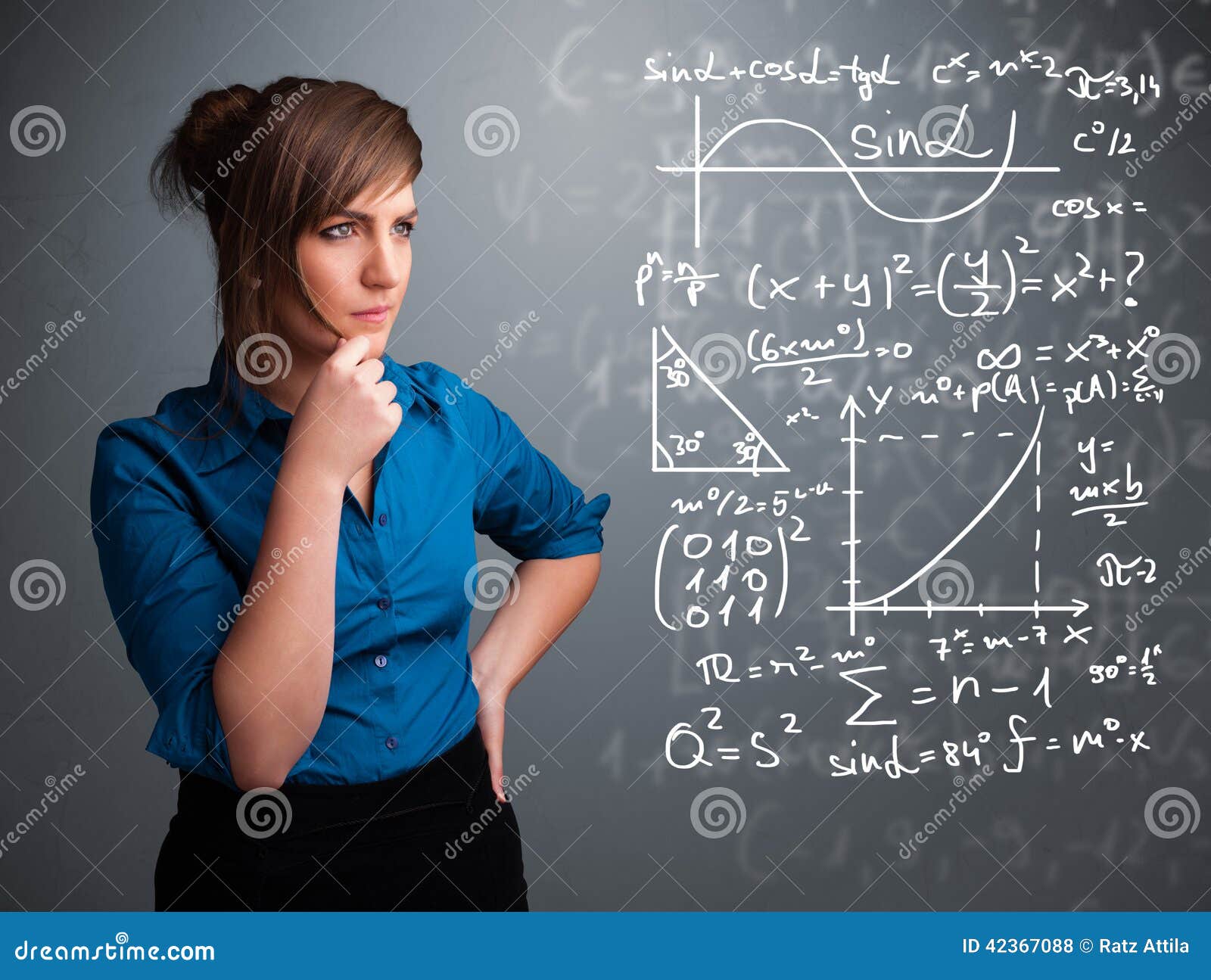 Beautiful School Girl Thinking about Complex Mathematical Signs Stock ...