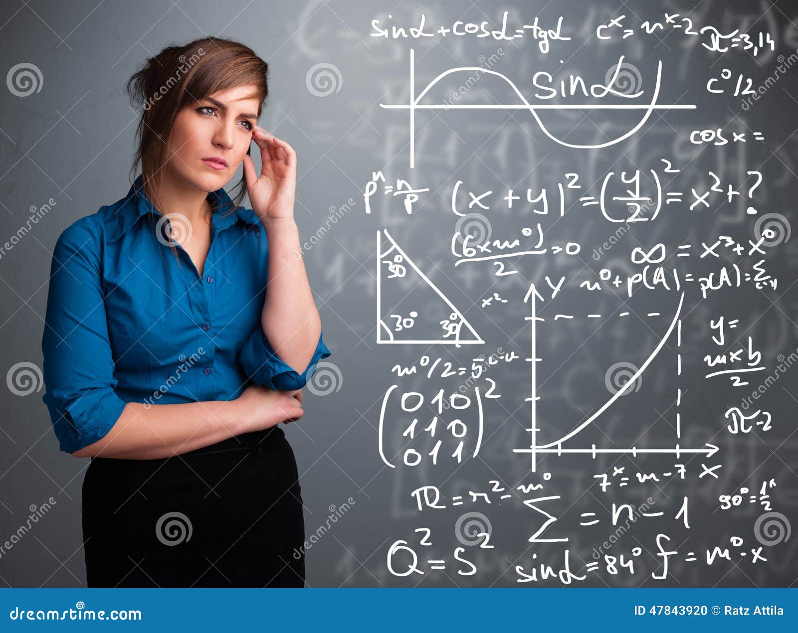 Beautiful School Girl Thinking about Complex Mathematical Signs Stock ...