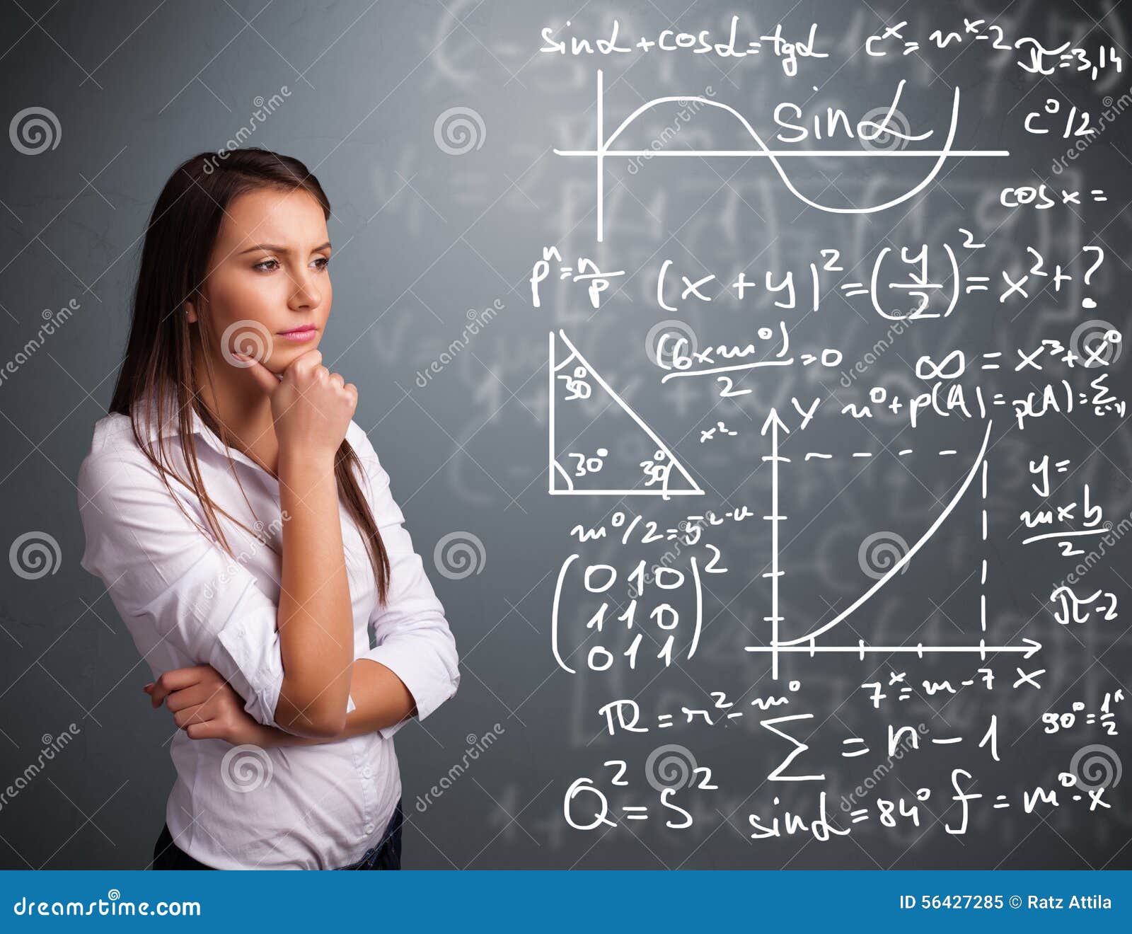 Beautiful School Girl Thinking about Complex Mathematical Signs Stock ...