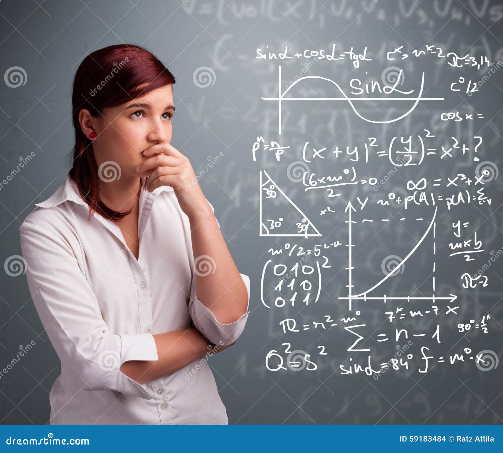Beautiful School Girl Thinking about Complex Mathematical Signs Stock ...