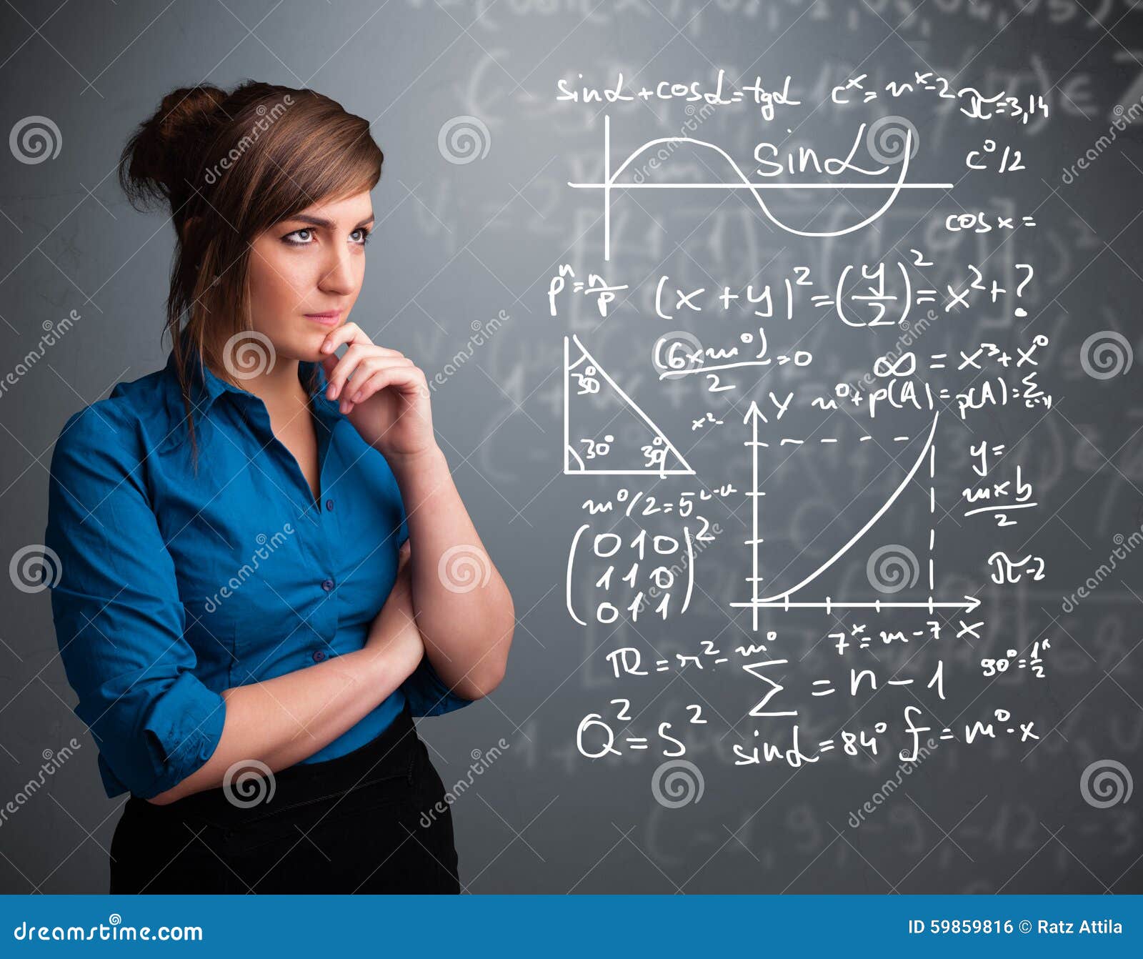 Beautiful School Girl Thinking about Complex Mathematical Signs Stock ...