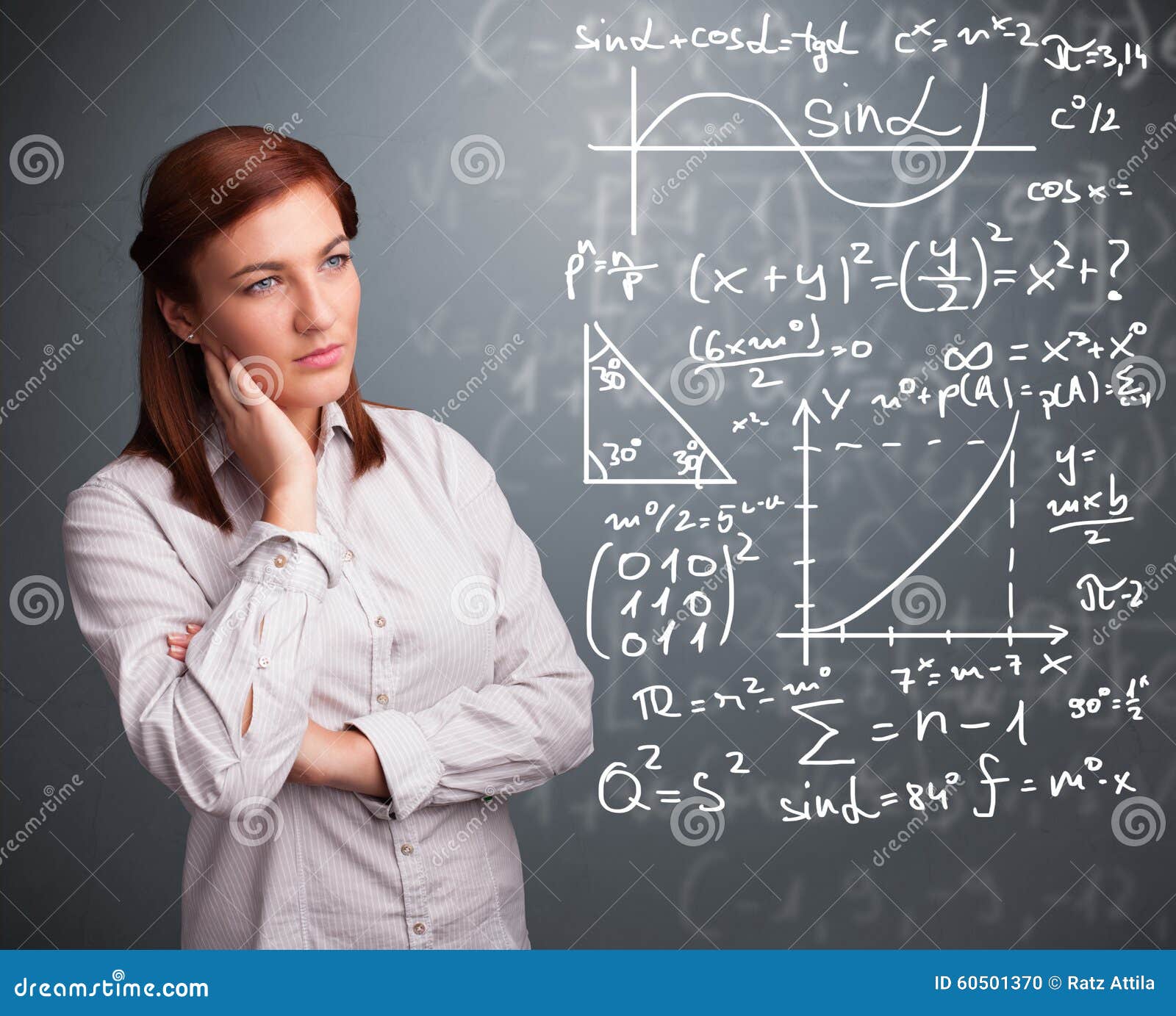 Beautiful School Girl Thinking about Complex Mathematical Signs Stock ...
