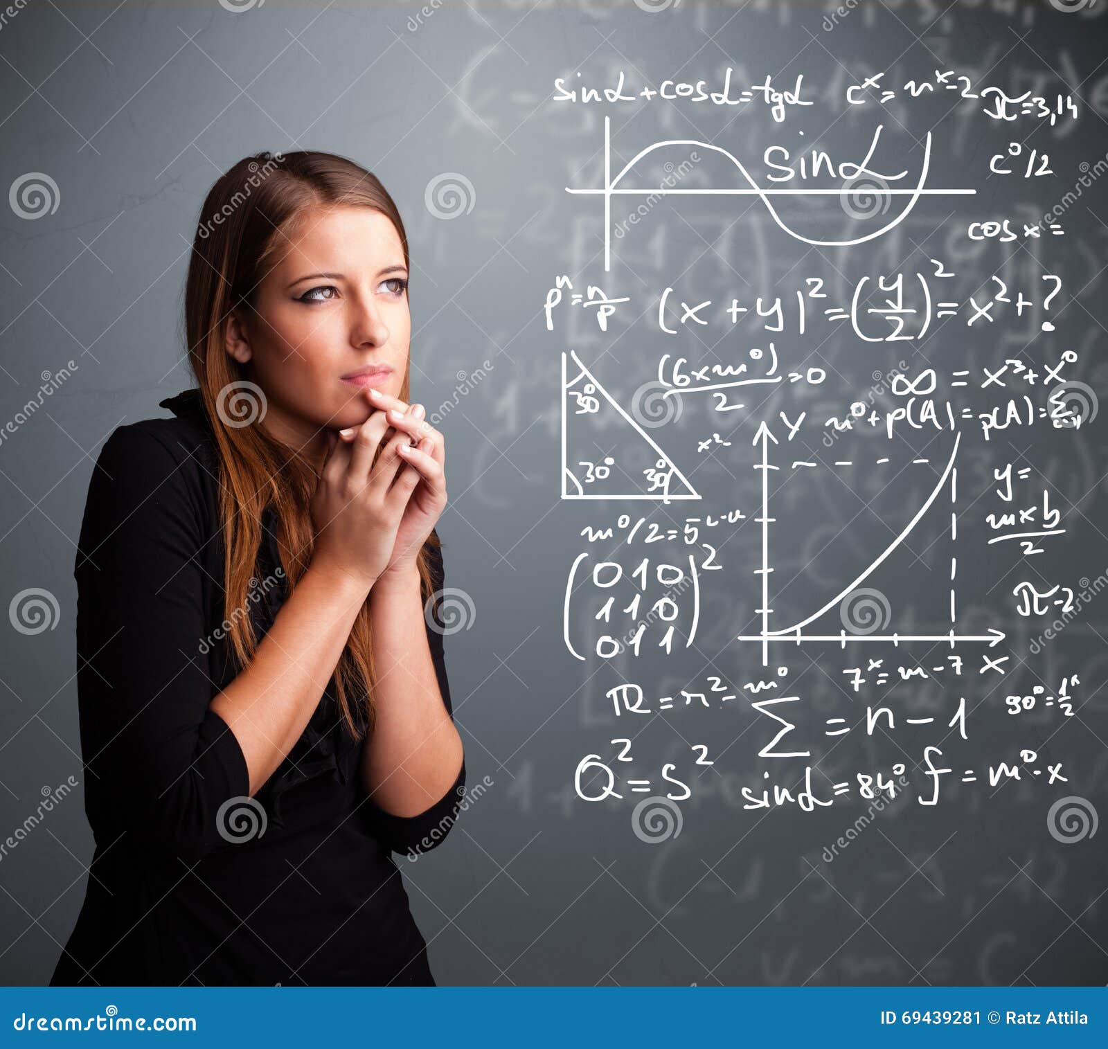Beautiful School Girl Thinking about Complex Mathematical Signs Stock ...