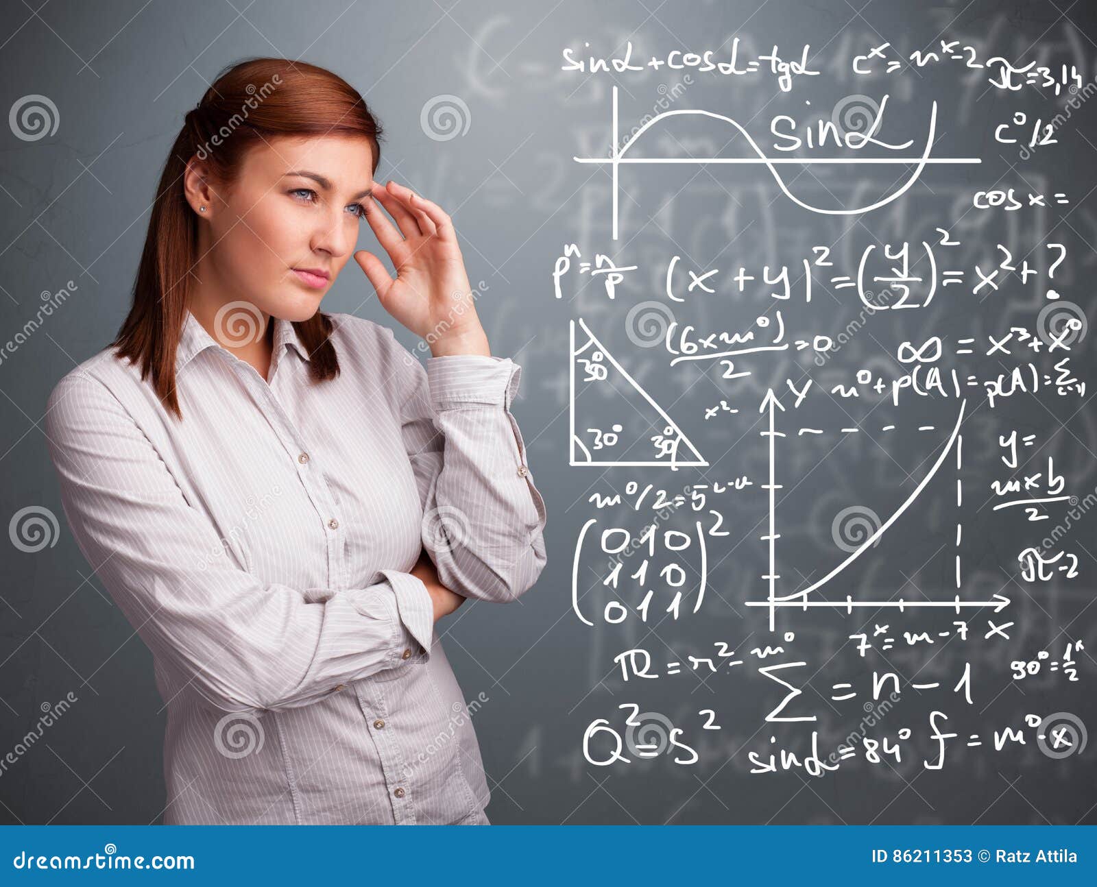 Beautiful School Girl Thinking about Complex Mathematical Signs Stock ...