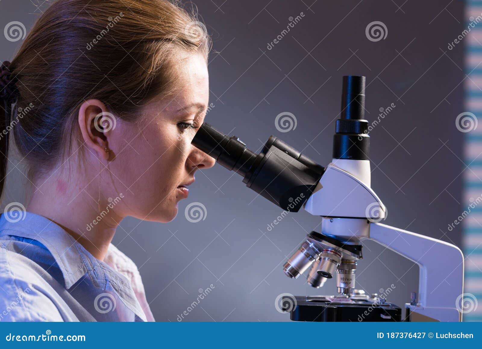 Beautiful Science Student Looking into a Microscope in a Laboratory ...