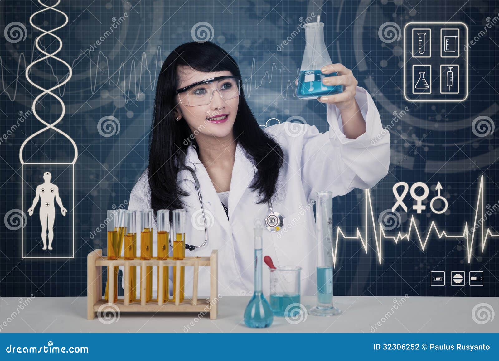 Beautiful Scientist Analysing Solutions on Blue Stock Illustration ...