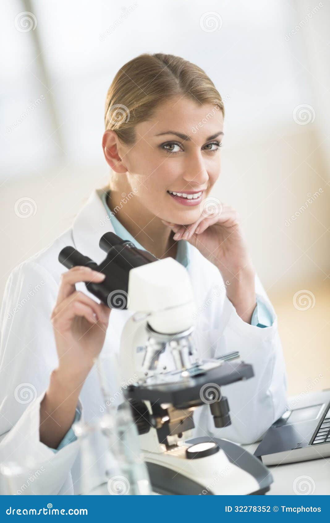 Beautiful Scientist Sitting With Microscope At Desk Stock Photography ...