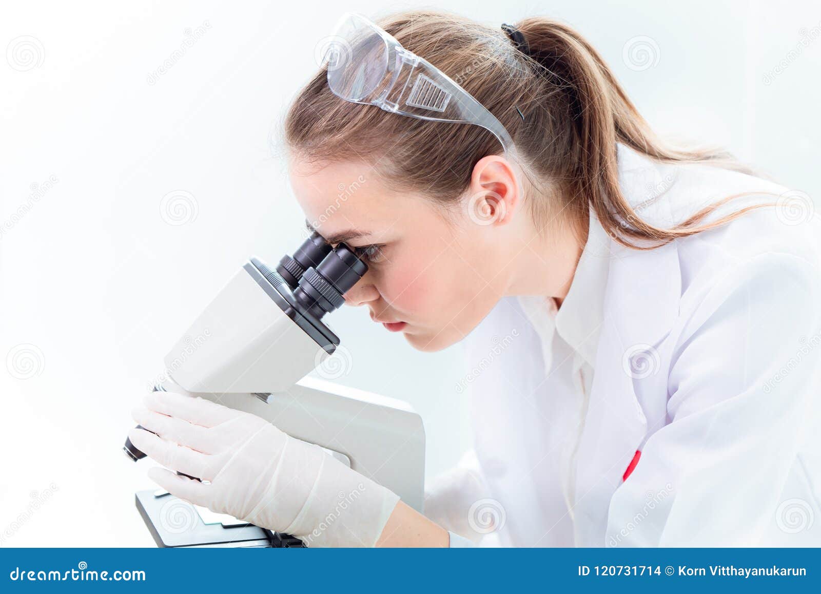 Beautiful Scientist Sitting With Microscope At Desk Stock Photography ...