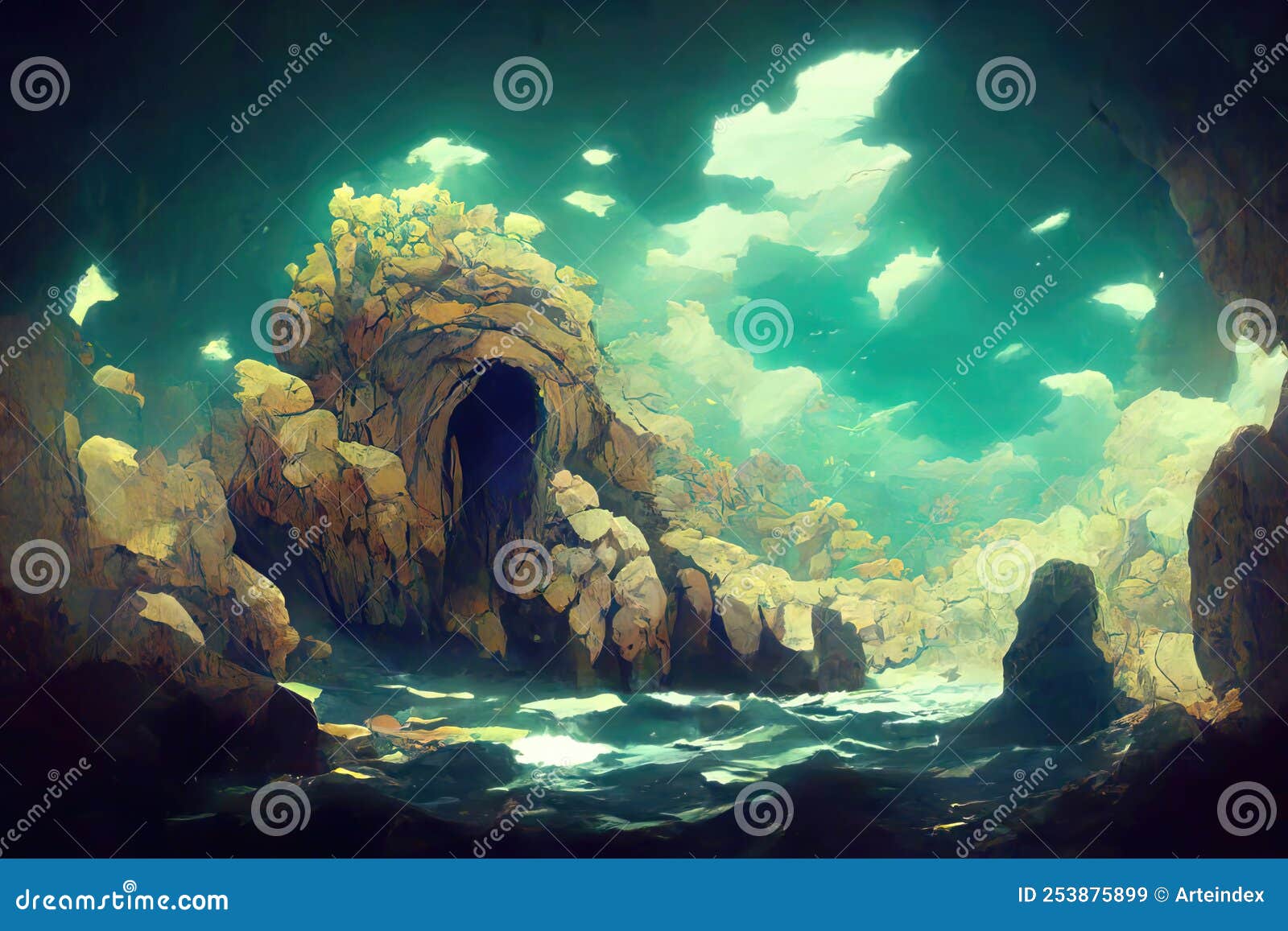 Beautiful Sea Cave, Blue Ocean Struck Stock Illustration - Illustration ...