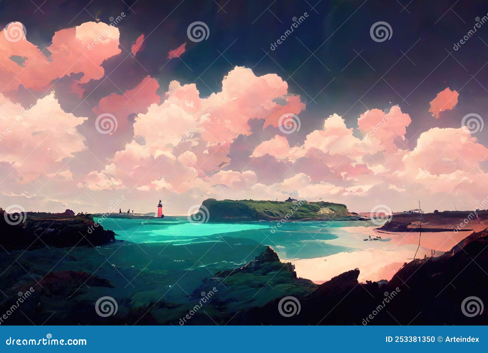 Beautiful Sea Cove, Clouds and Waves Stock Illustration - Illustration ...