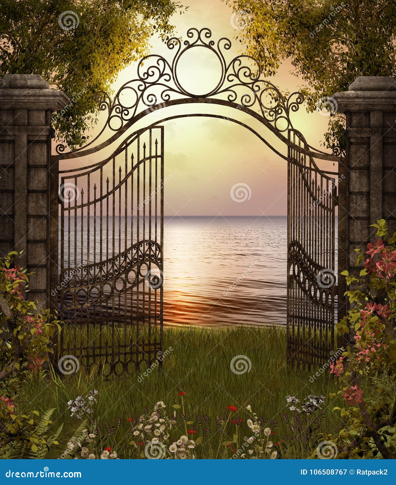 Beautiful Sea View through Gate Stock Illustration - Illustration of ...
