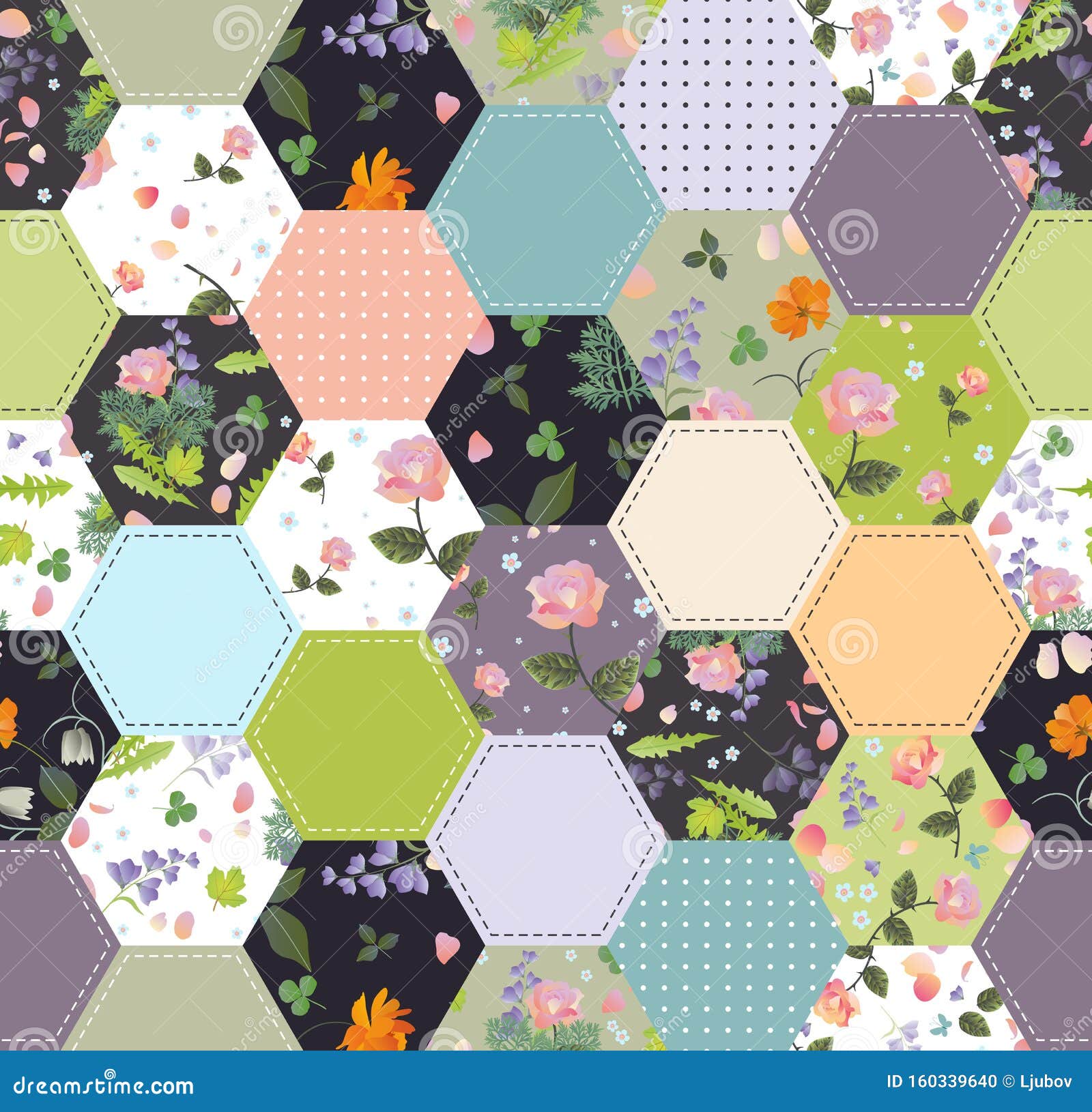Beautiful Seamless Patchwork Pattern. Hexagonal Patches with Floral and ...