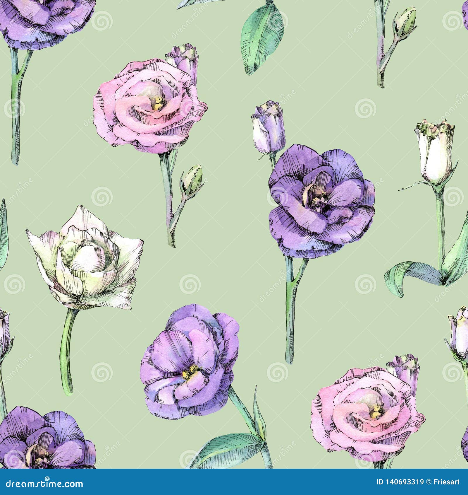 Beautiful Seamless Pattern with Eustoma Flowers on Green Background ...