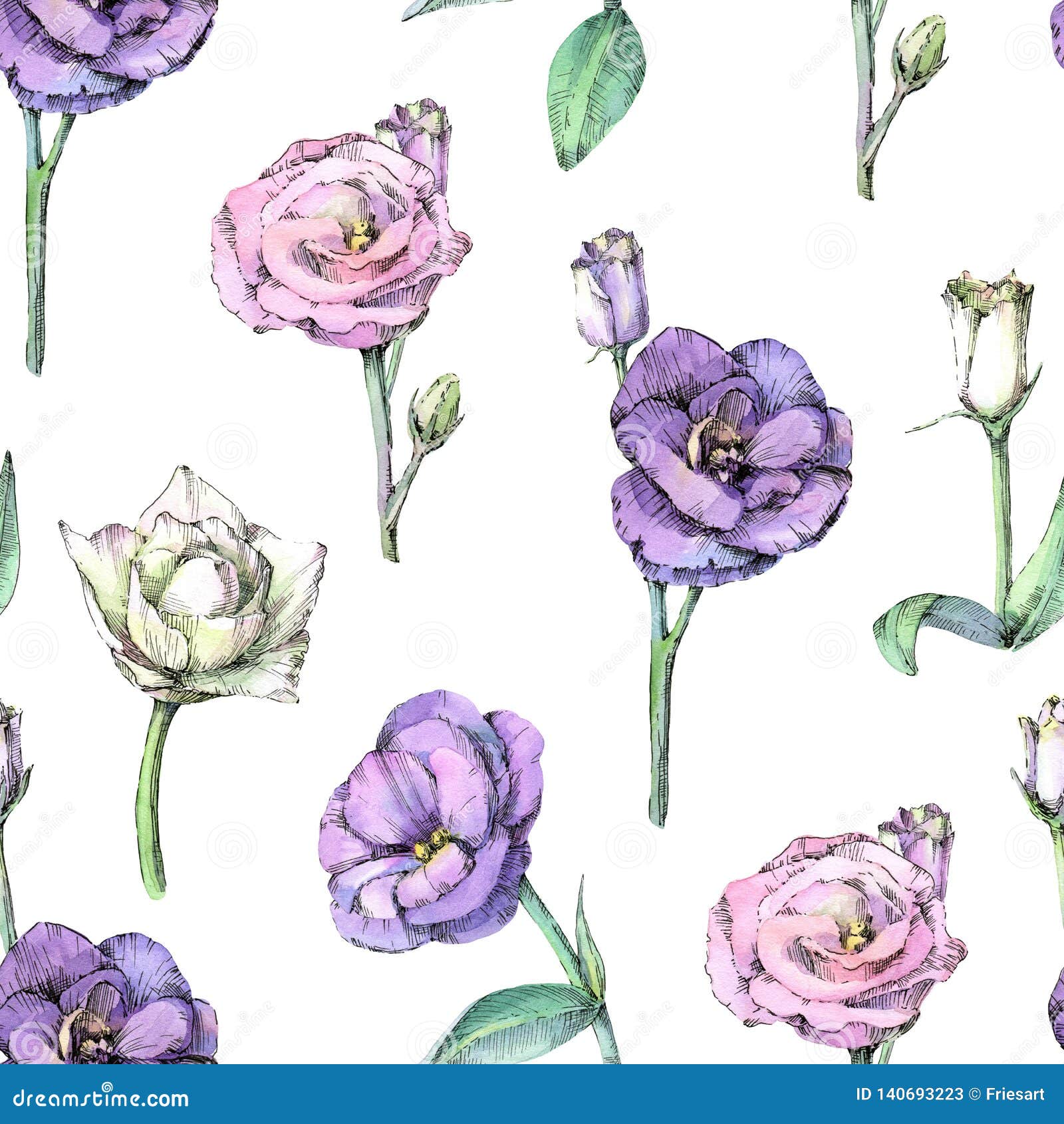 Beautiful Seamless Pattern with Eustoma Flowers on White Background ...