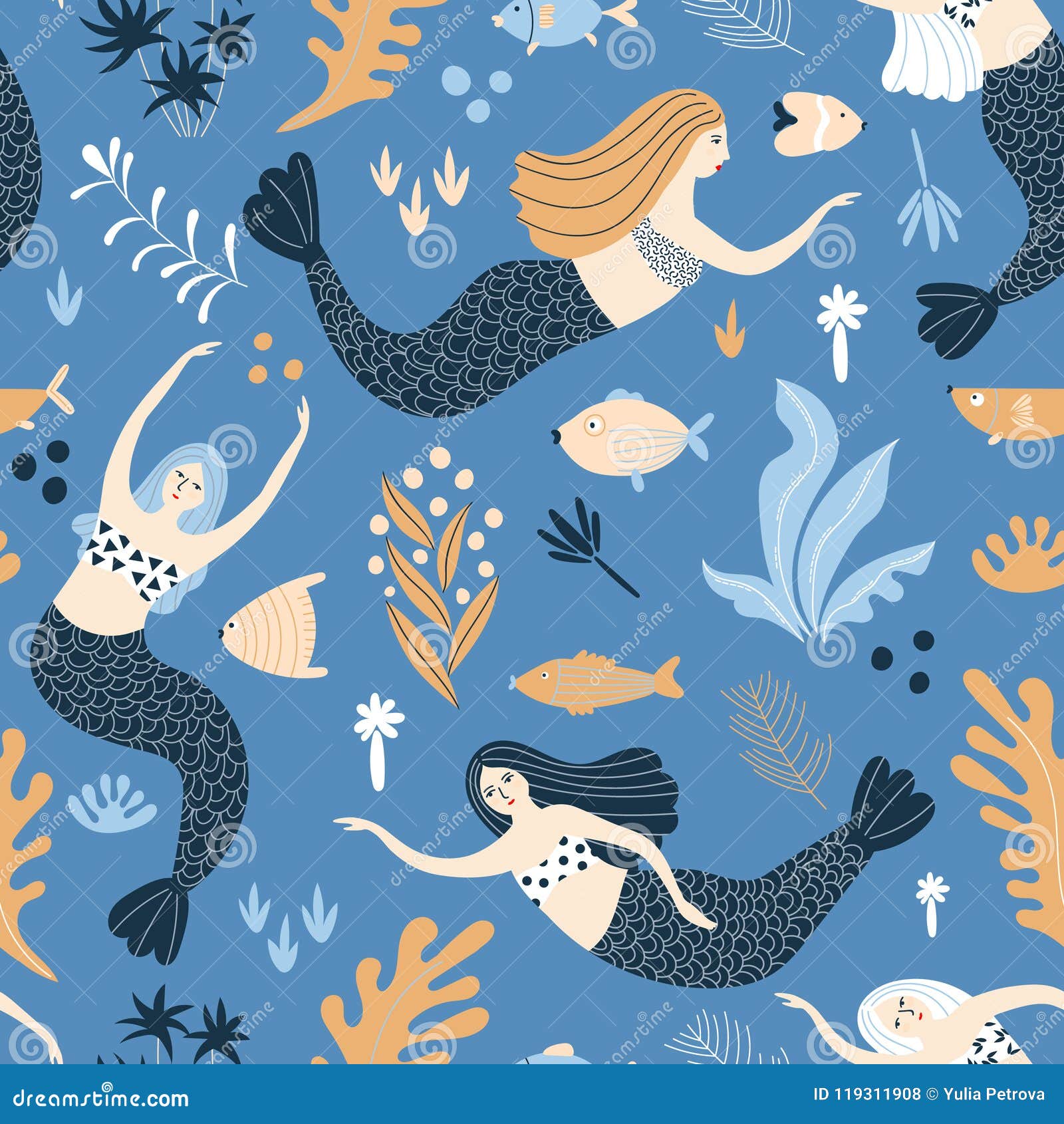 Beautiful Seamless Pattern with Mermaid Stock Vector - Illustration of ...