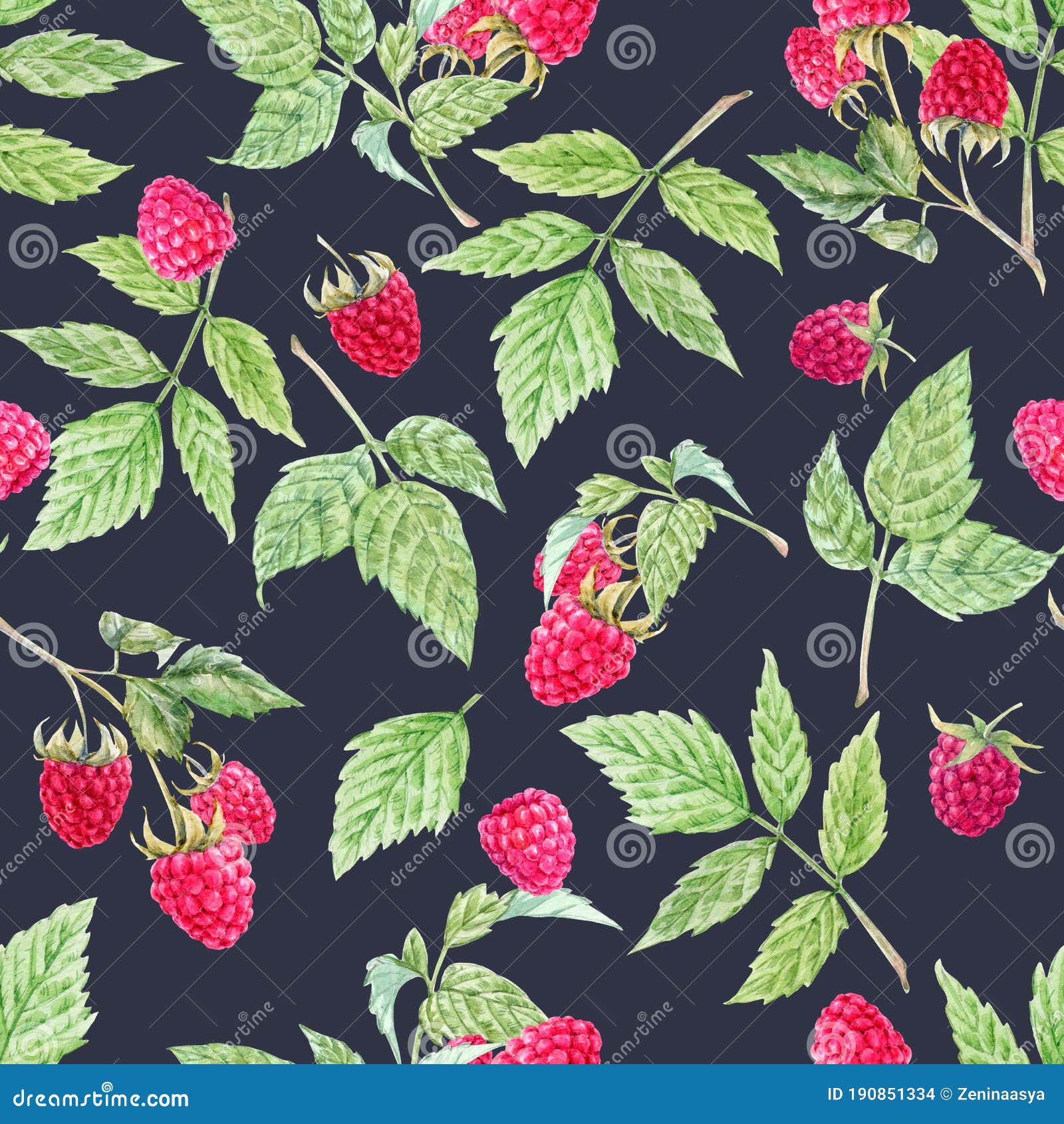 Beautiful Seamless Pattern with Watercolor Raspberry and Leaves. Stock ...