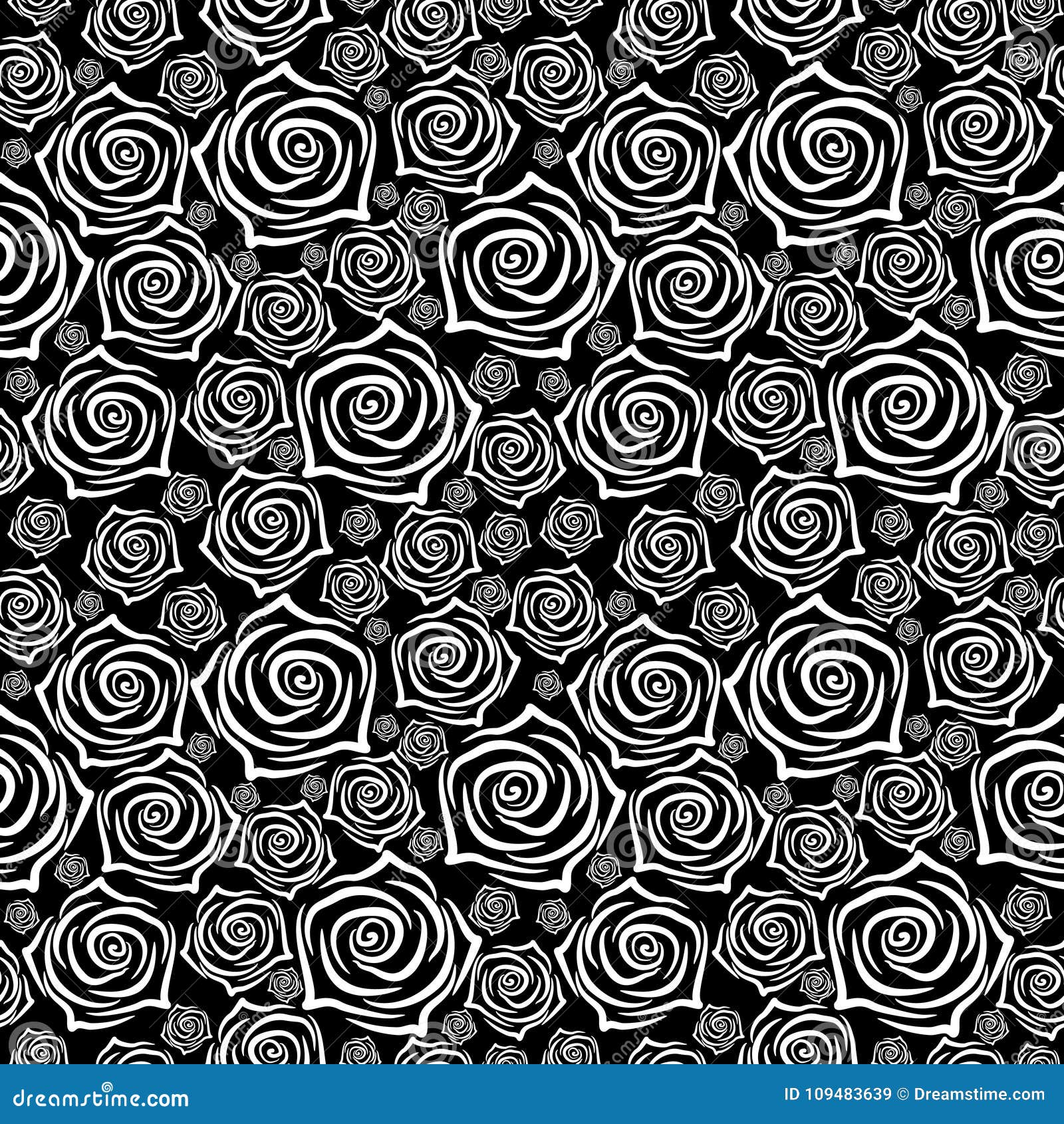 Beautiful Seamless Pattern with White Roses on Black Background. Vector ...