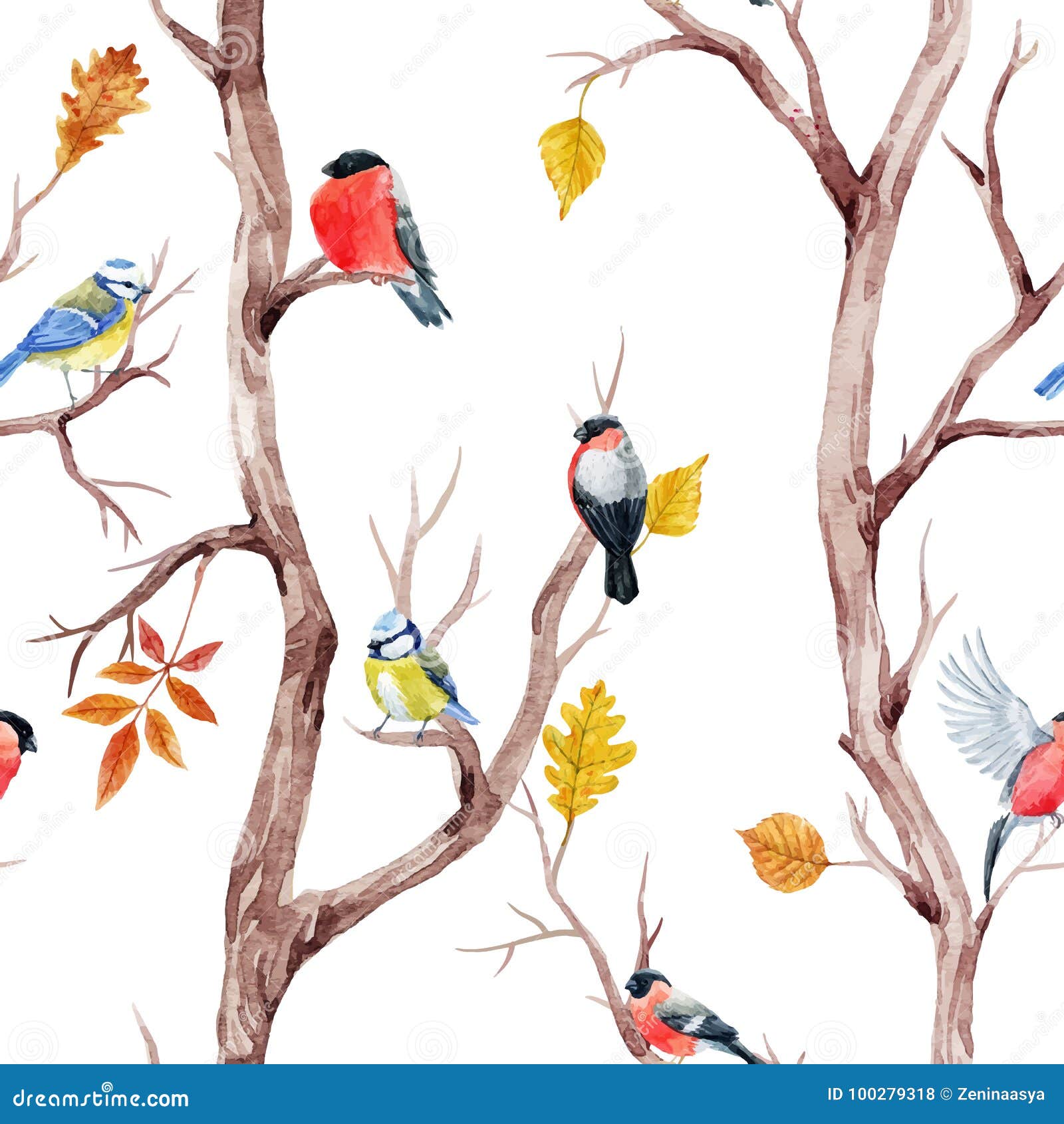 Fall Trees and Birds Vector Pattern Stock Vector - Illustration of ...
