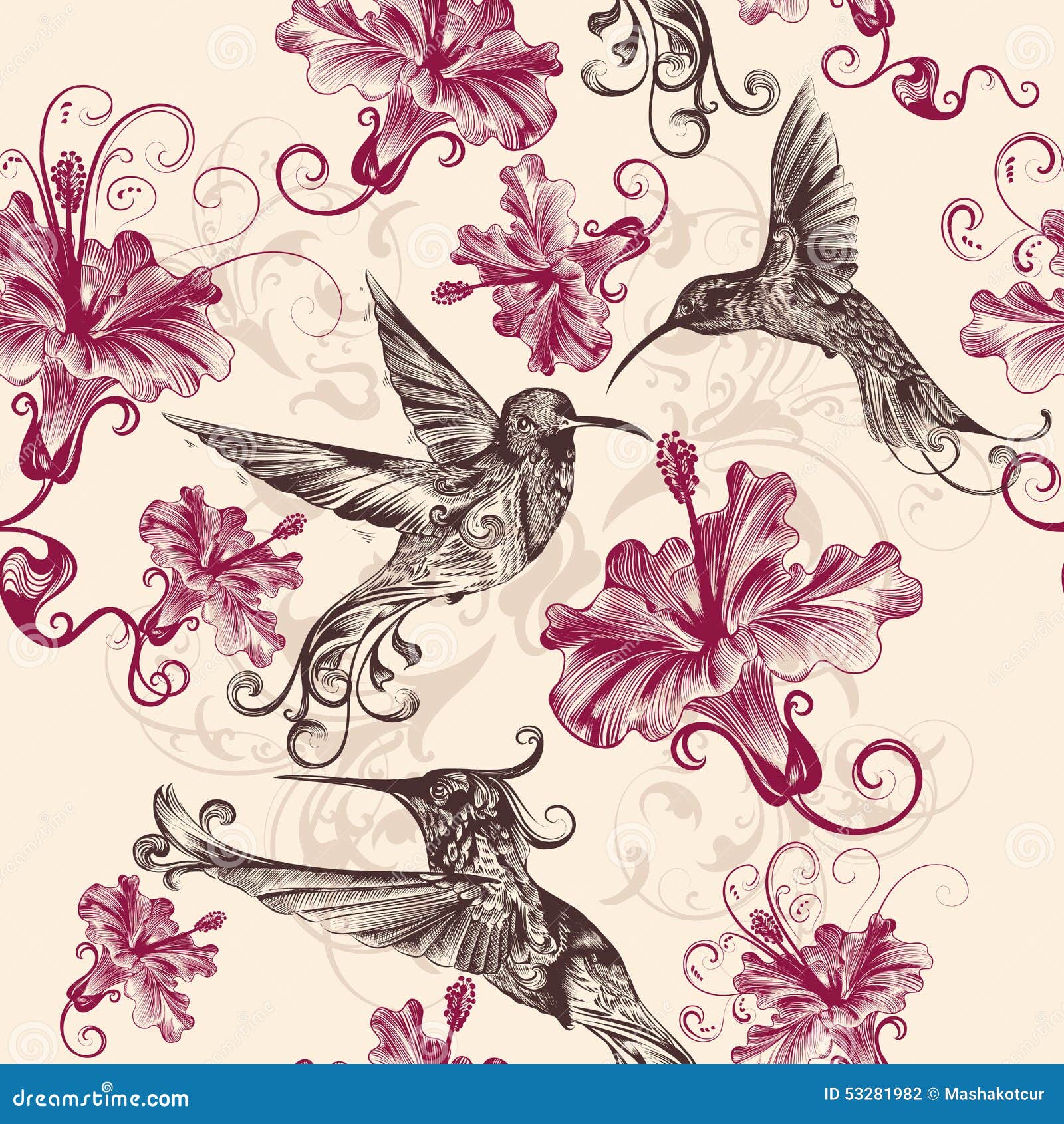 Beautiful Seamless Wallpaper Pattern with Hummingbirds and Flowers ...