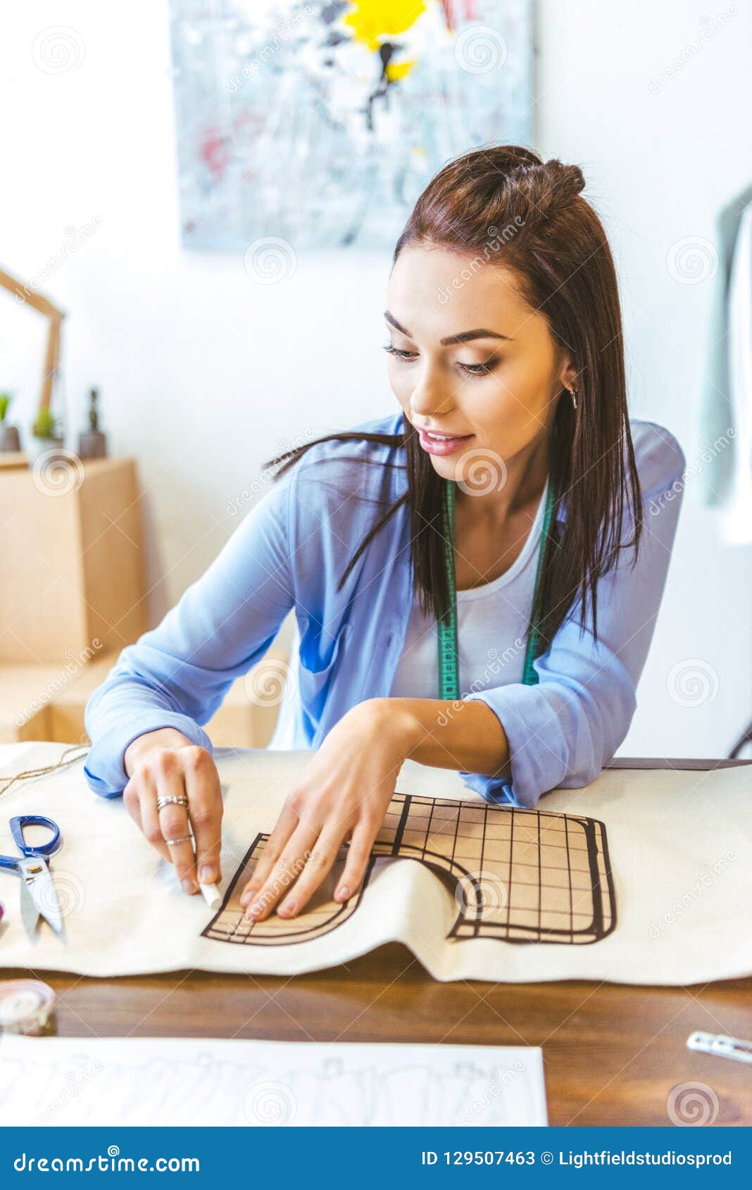 Beautiful Seamstress Marking Pattern with Piece Stock Image - Image of ...
