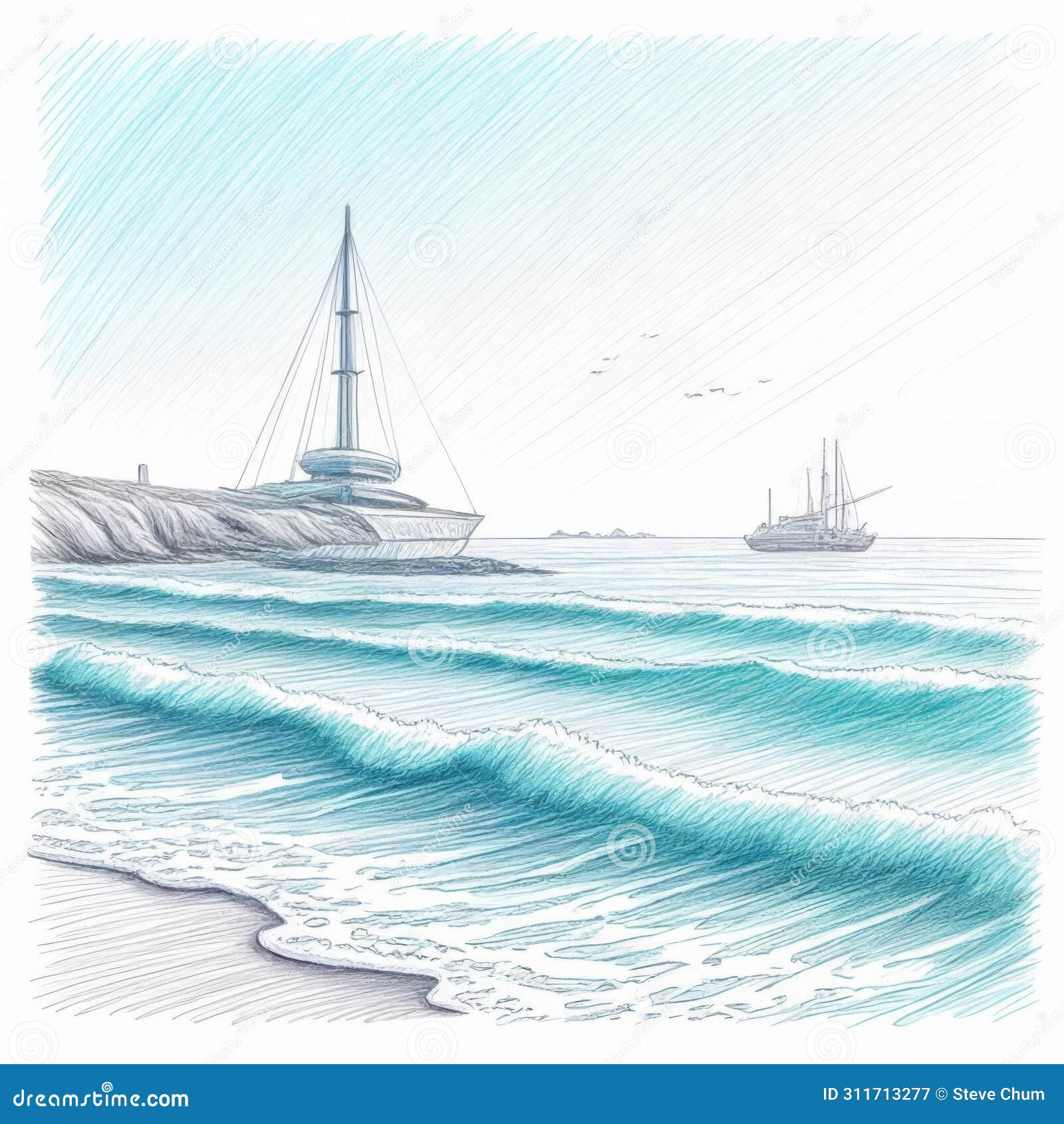 Beautiful Seascape. Hand Drawn Vector Illustration, Sketch Stock ...