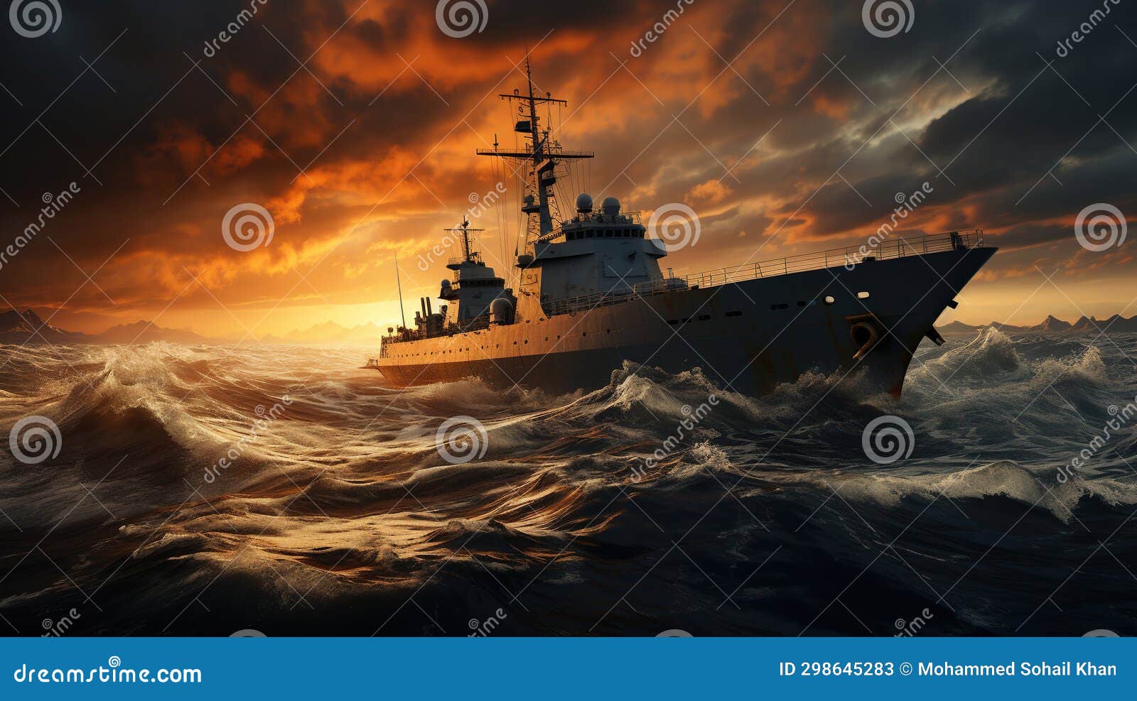 A Beautiful Seascape with a Modern War Ship Dramatic Cloudy Sunset ...