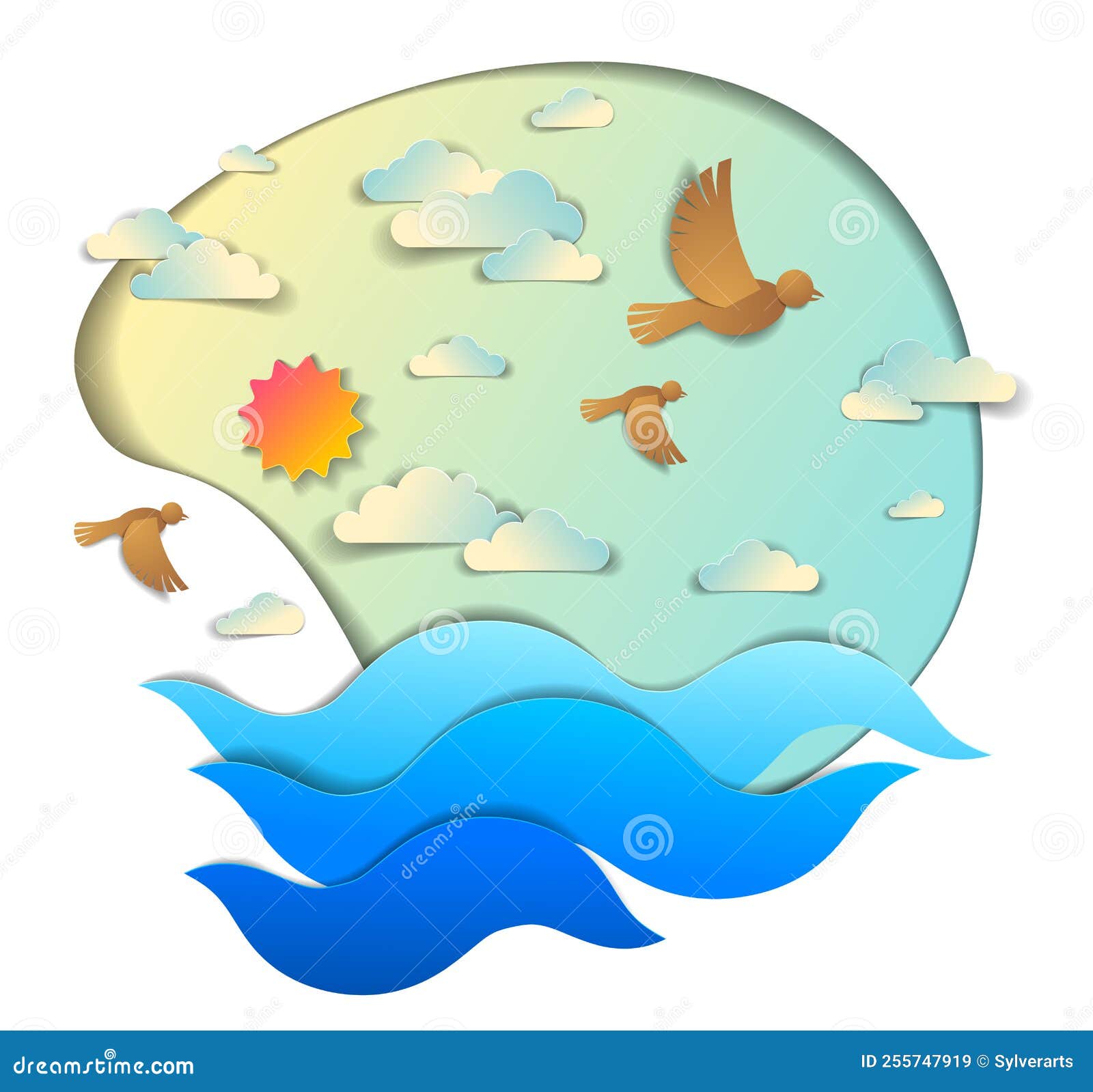 Beautiful Seascape With Sea Waves Birds Clouds And Sun In The Sky