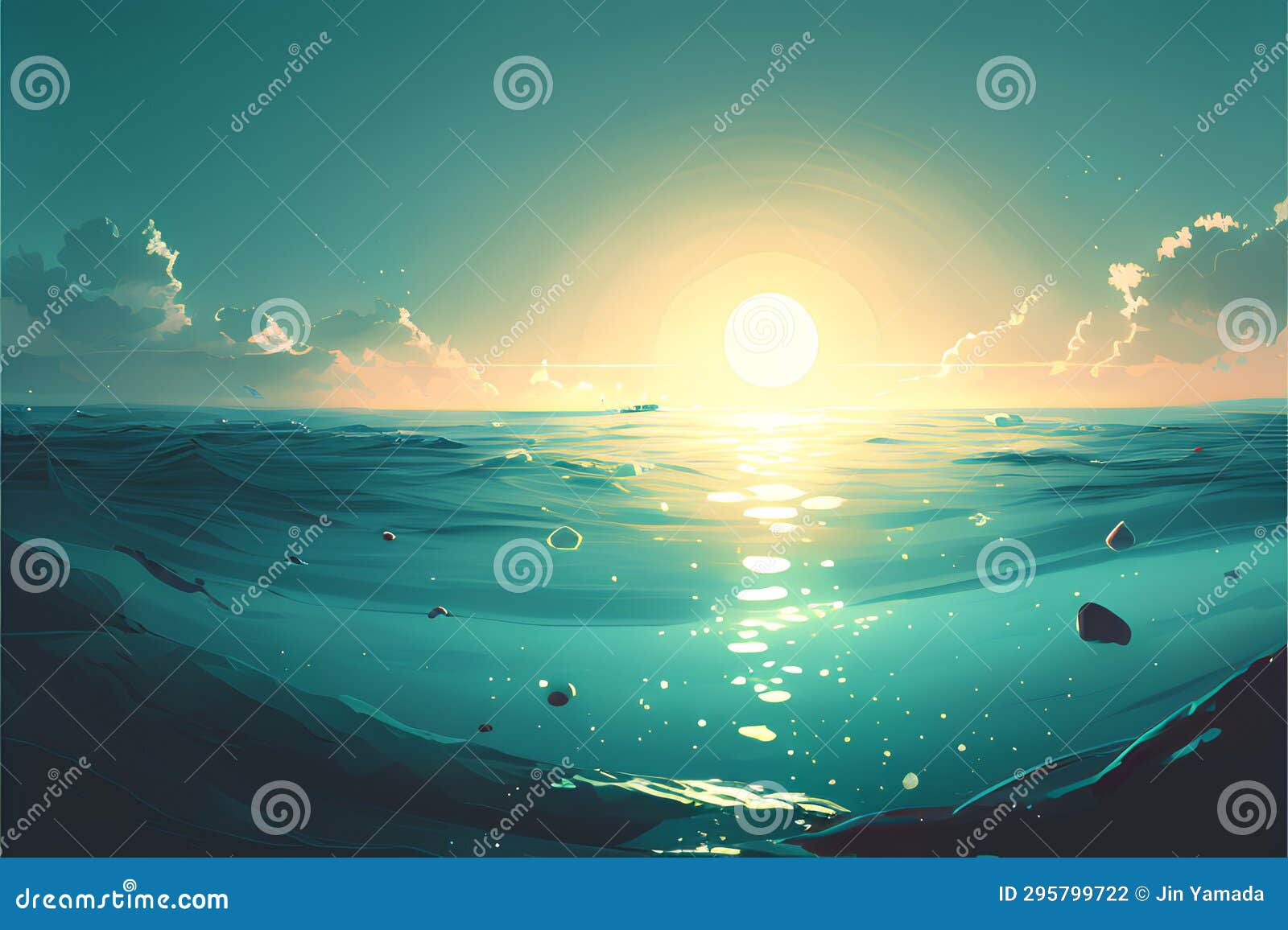 Beautiful Seascape with Sun and Waves. Vector Illustration Stock ...
