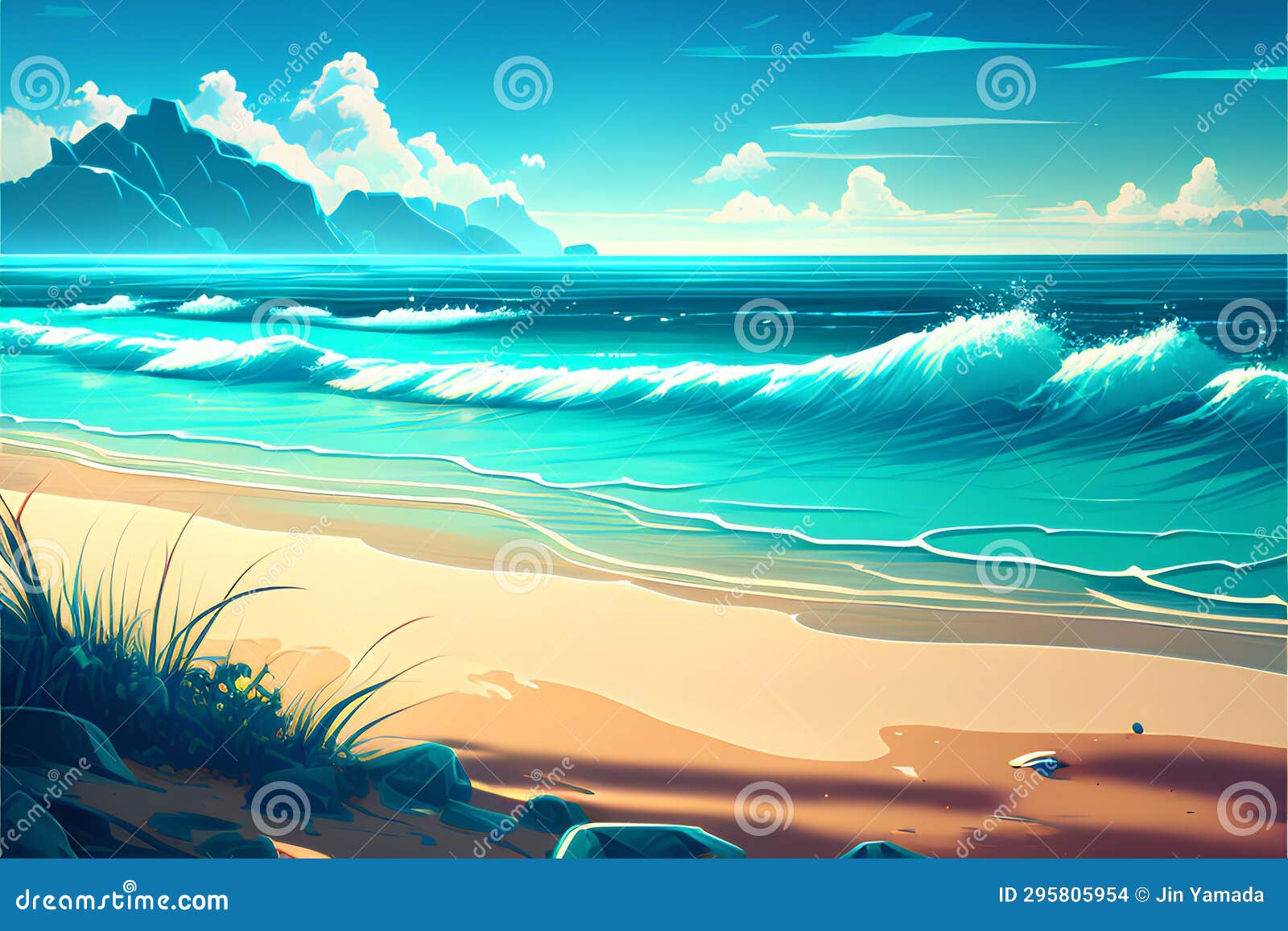 Beautiful Seascape with Waves and Sand. Vector Illustration Stock ...