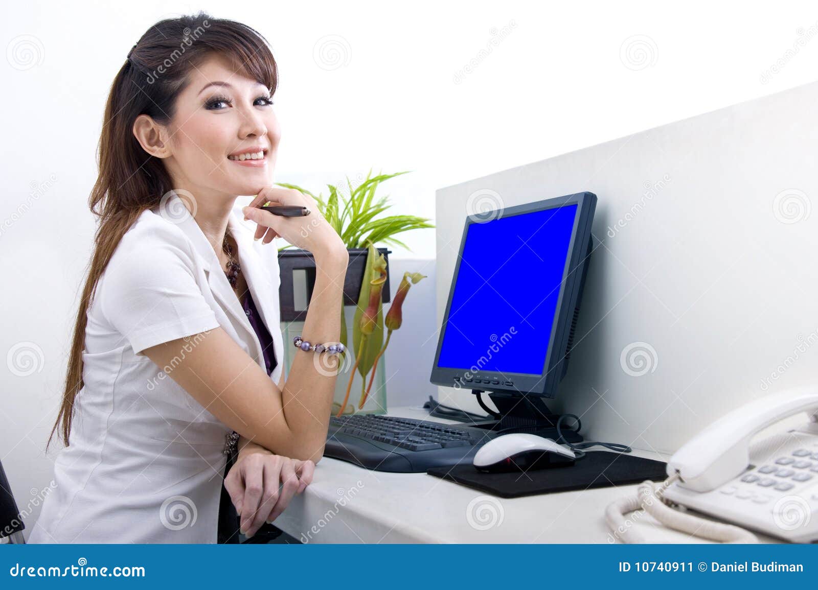 Beautiful Secretary with Blank Computer Screen Stock Image - Image of ...