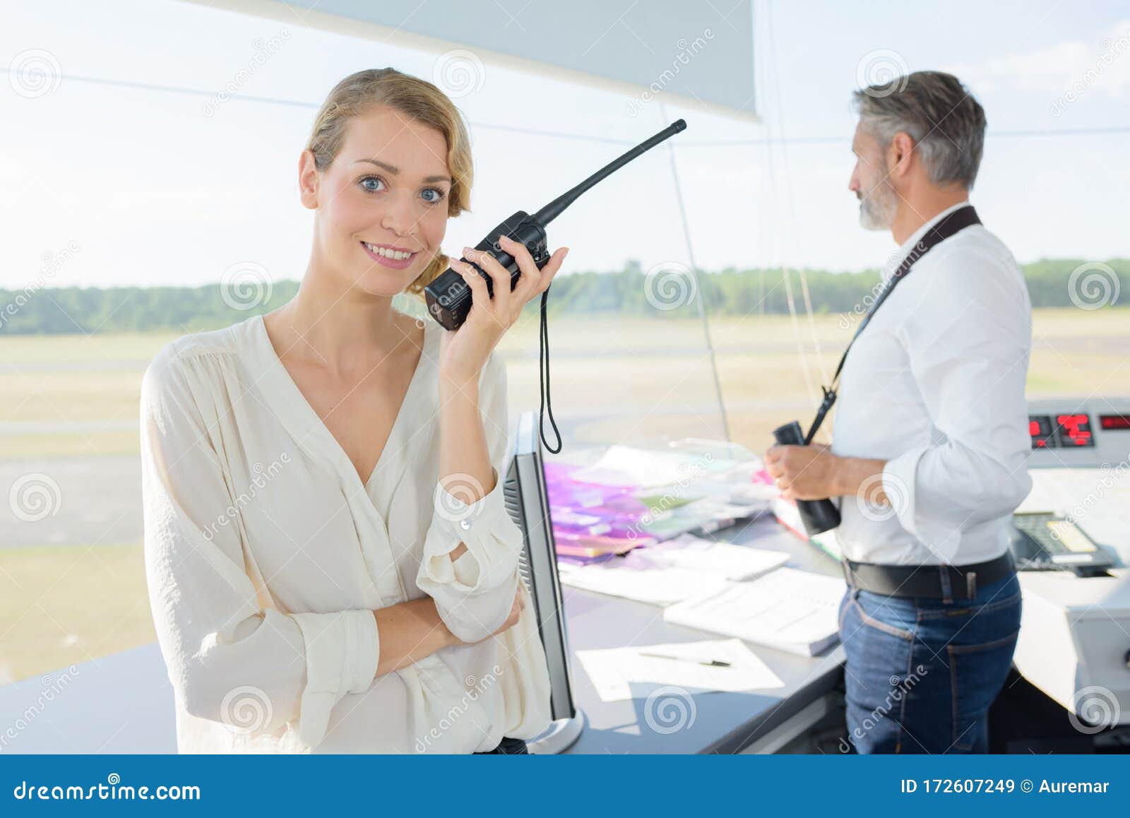 Beautiful Security Guard Using Walkie Talkie Stock Image - Image of ...