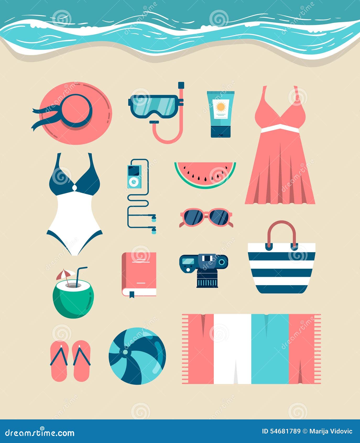 Beautiful Set of Beach Essentials Stock Vector - Illustration of ...