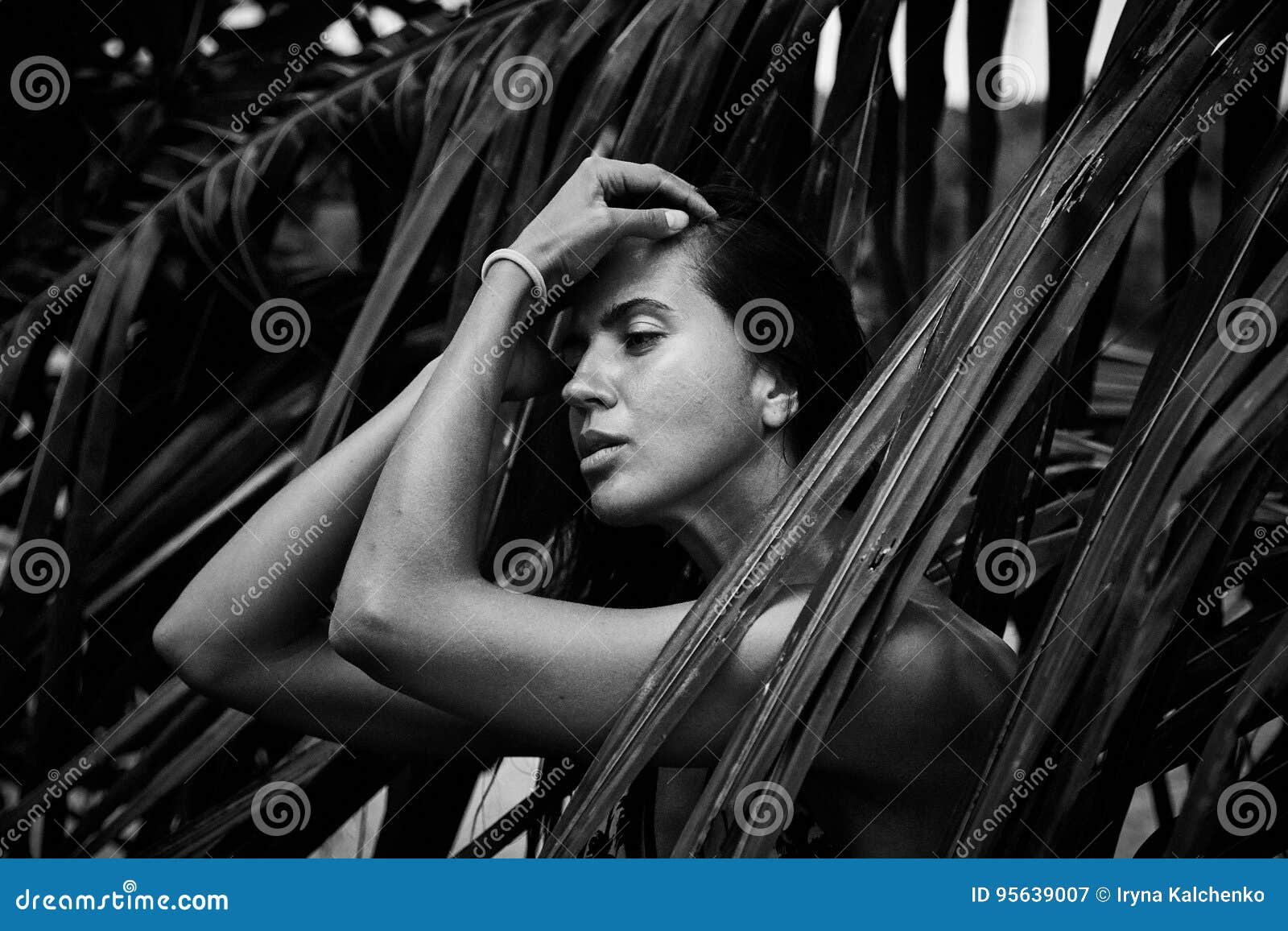 Beautiful Pretty Brunette Woman Summer Tropical Palm Tree P Stock Image