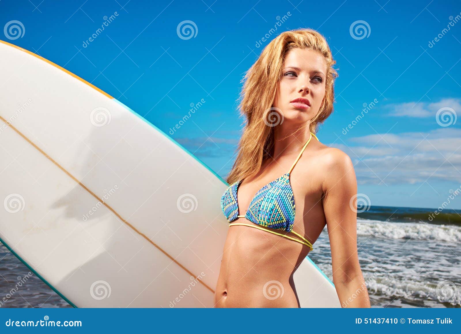 Beautiful Surfer Girl On Surfboard Woman In Ocean During Surfing